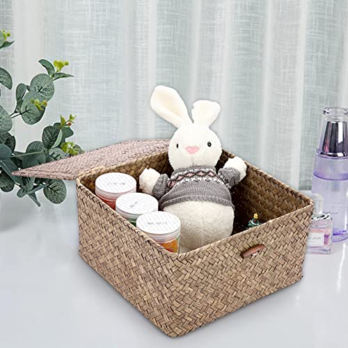 Hipiwe Wicker Shelf Baskets Bins with Lid Handwoven Storage Baskets Boxes Natural Seagrass Basket Box Home Decorative Household Organizer Bins Boxes for Shelf Organizing,Set of 3