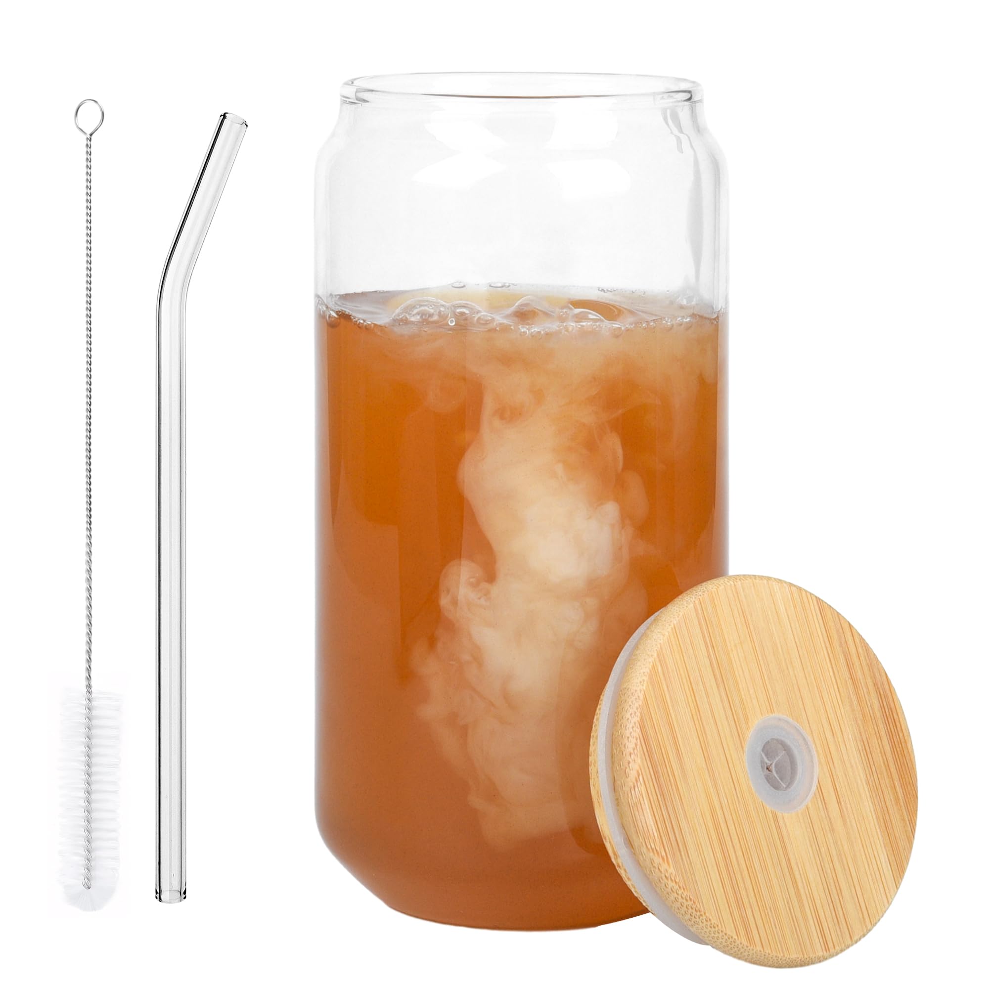 Emlim 1PCS Set Beer Glass Cup, Iced Coffee Glasses Drinking Glasses cup,Clear Old Fashioned Whiskey Cup with bamboo lid and glass straw for Cocktail, Whiskey,Mojito,Smoothie,Iced Coffee