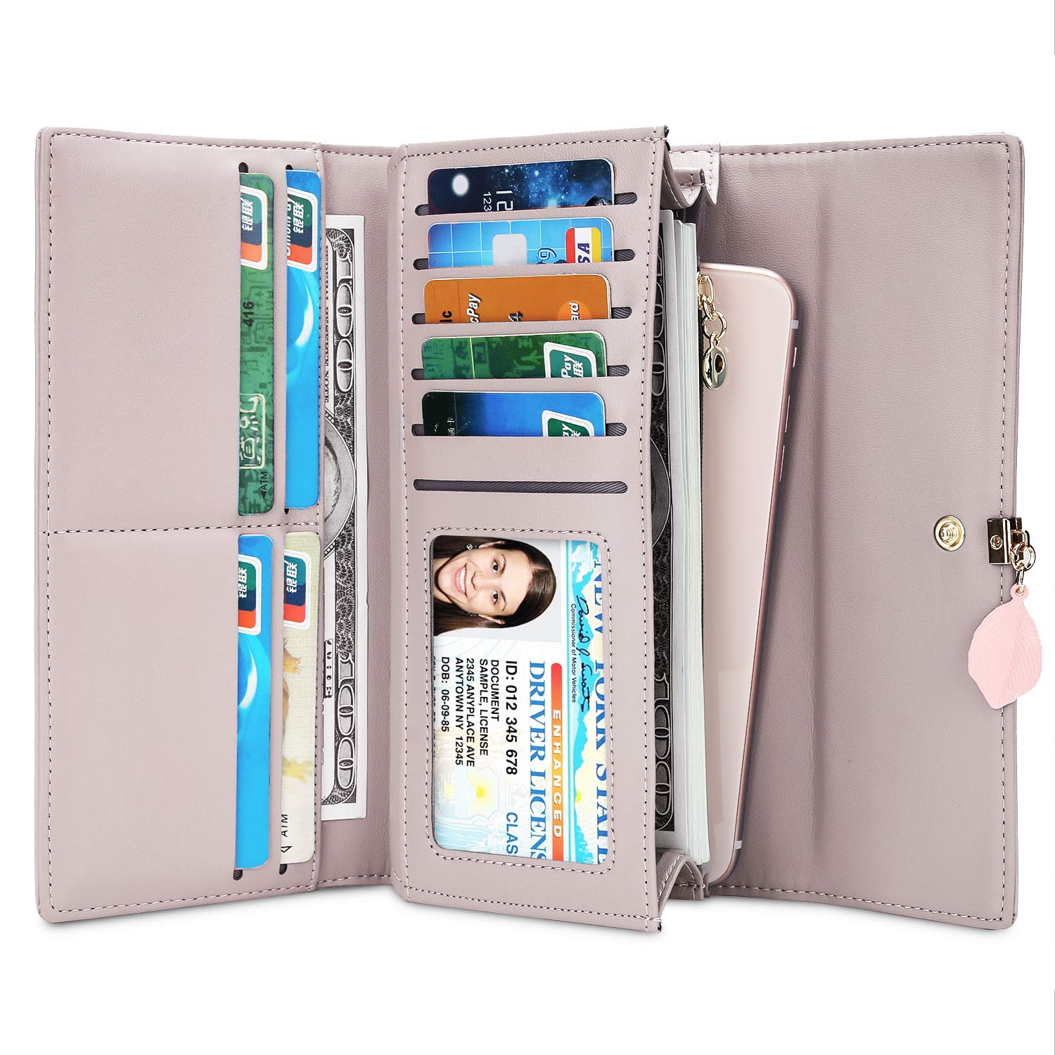YALUXE Wallet for Women RFID Blocking Genuine Leather Leaf Pendant Snap Card Holder Organizer Zipper Coin Purse