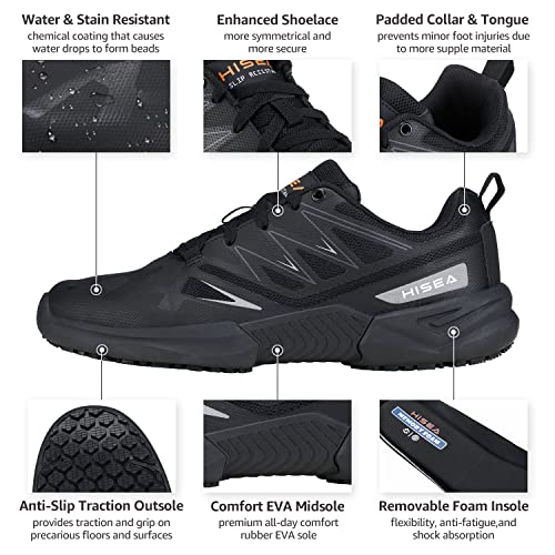 HISEA Non Slip Shoes for Men Slip Resistant Work Shoes Men's Food Service Chef Nursing Walking Shoes for Kitchen Restaurant Size 10.5 Black