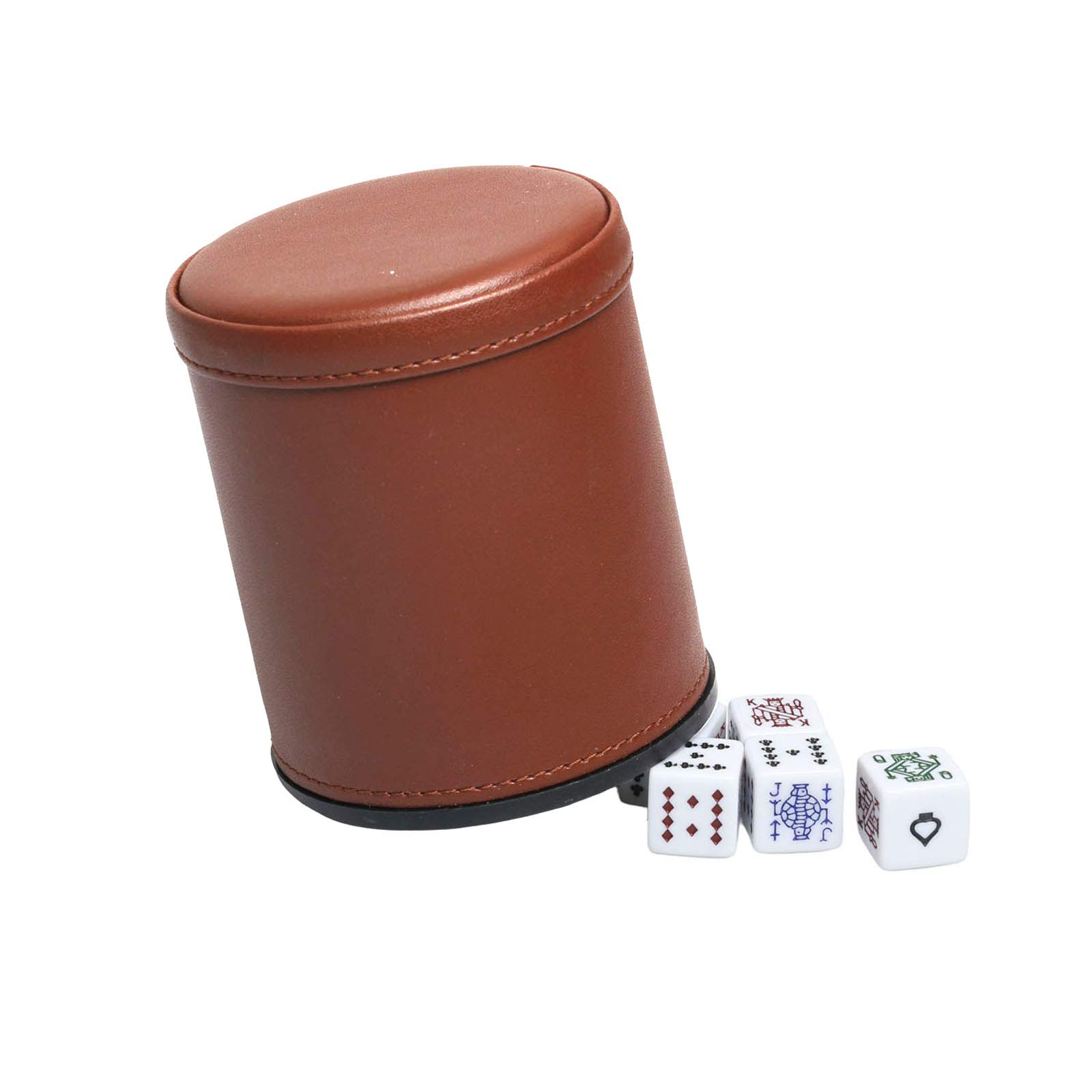Leatherette Dice Cup and 6 White Dices Felt-Lined Quiet Shaker for Yahtzee/Farkle/Liars Dice Game