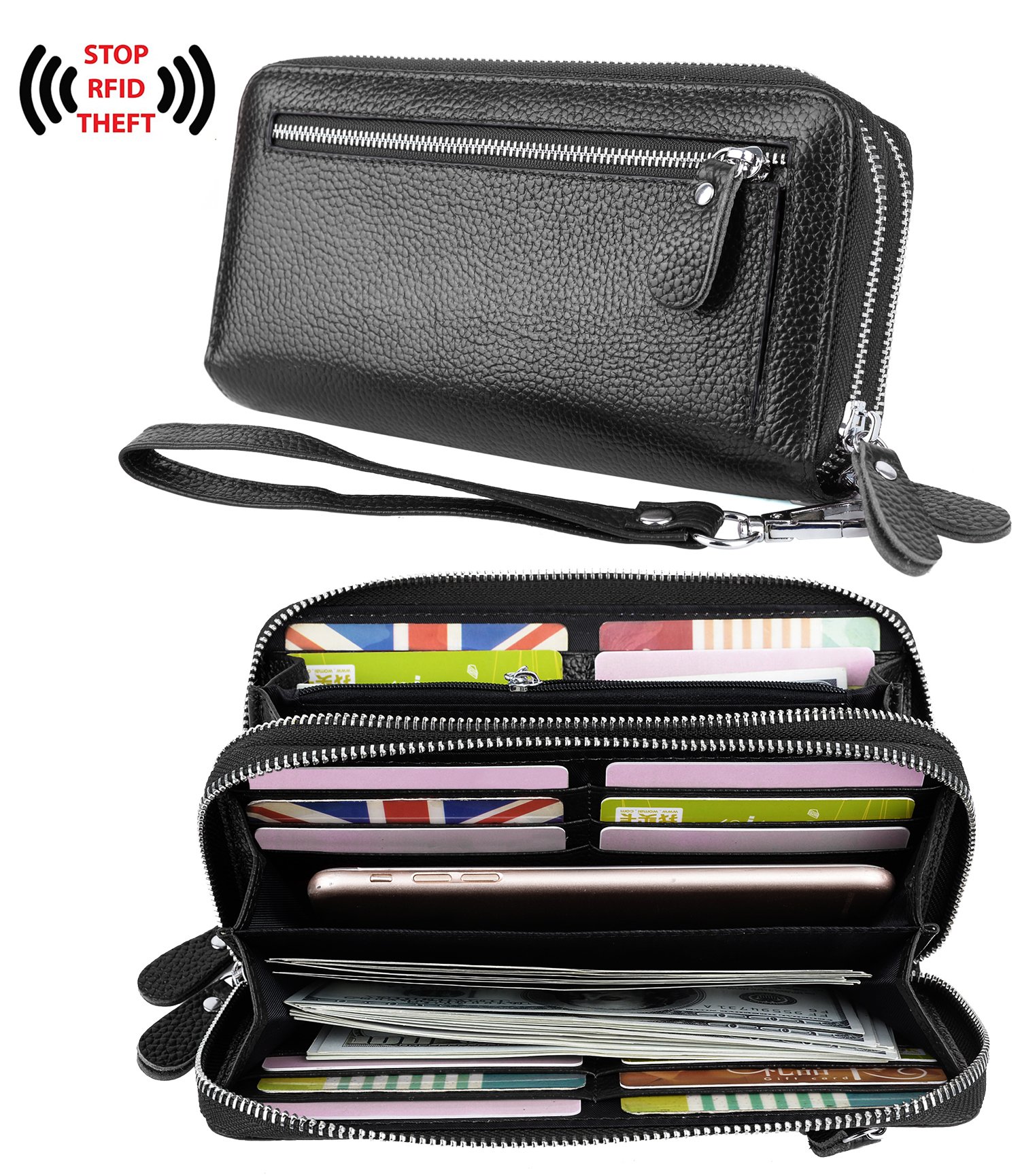 YALUXE Women's Double Zipper Leather Wristlet Wallet Cell Phone Purse Card Holder RFID Blocking