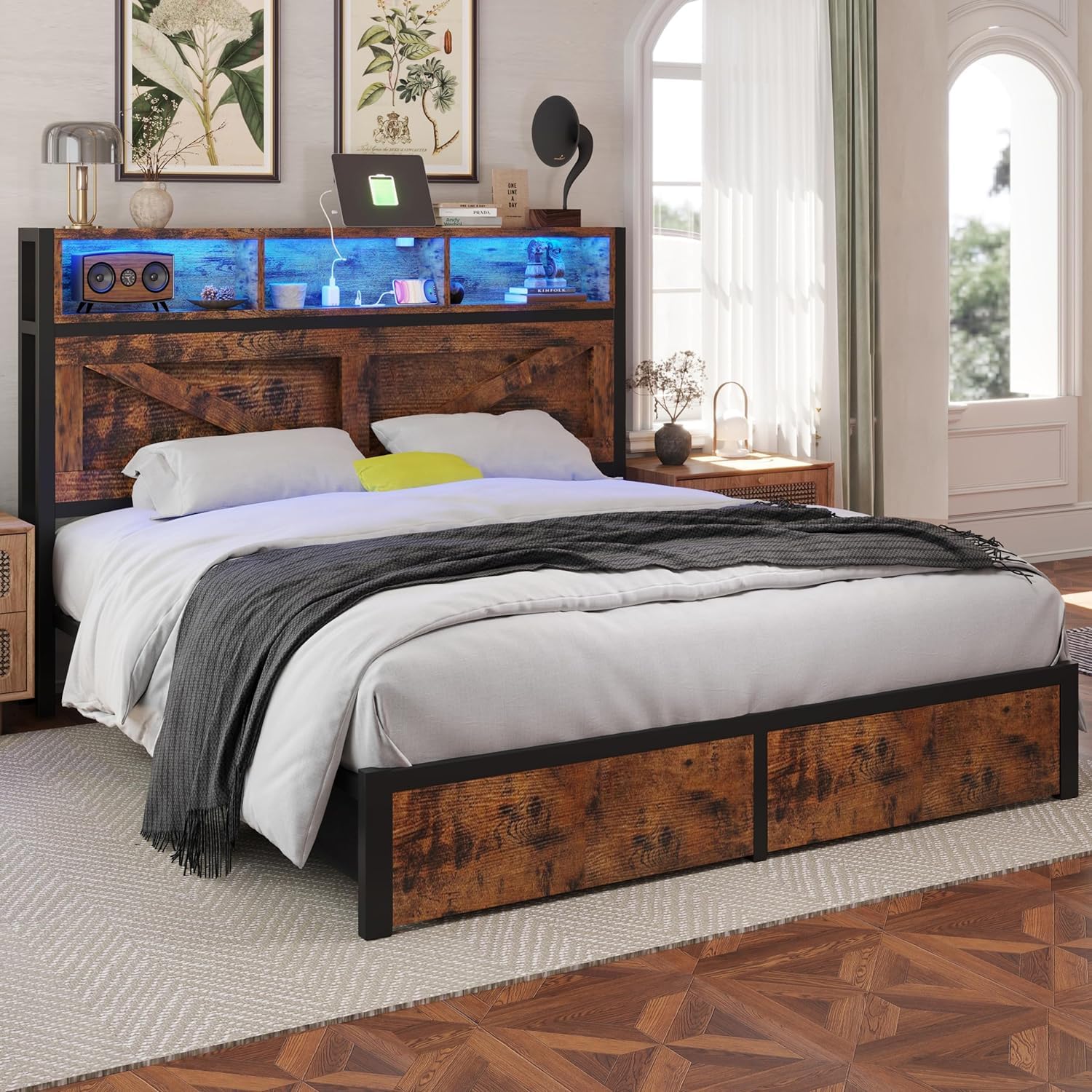 Farmhouse Queen Bed Frame with Bookcase Headboard and Storage Drawers, Charging Station and RGB LED Lights, No Box Spring Needed, Noise Free, Vintage Brown