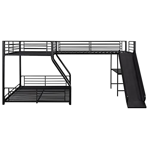 Polibi L-Shaped Metal Corner Bunk Bed with Slide and Two Ladders, Twin Over Full Bunk Bed with Twin Loft Bed and Built-in Desk, Black