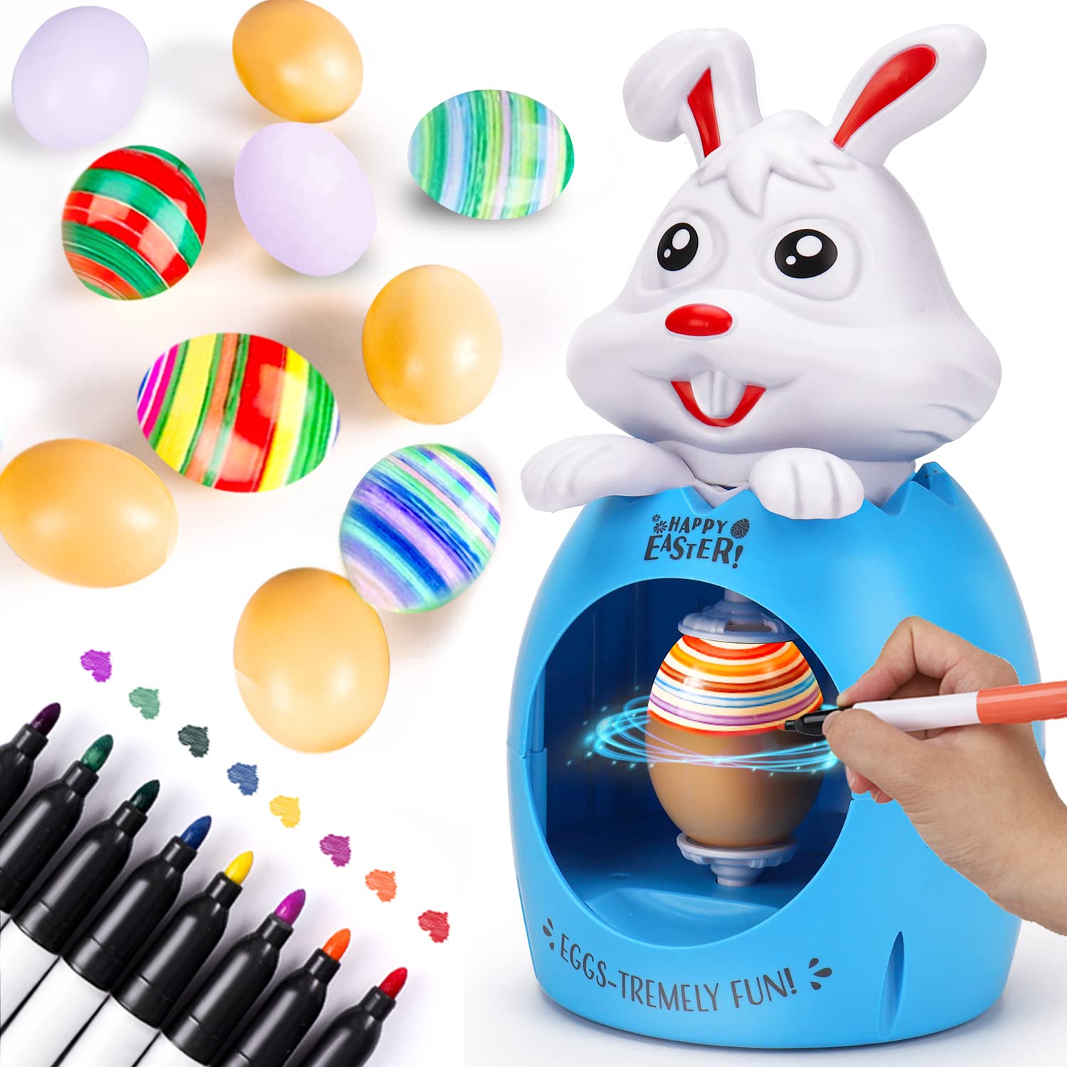 Easter Egg Decorating kit, Bunny Spinner Decorating Machine Easter Basket Stuffer Egg Fillers for Toddlers Easter Pinata Gifts Dye Craft Set with 8 Dying Marker 10 Plastic Eggs Hunt for Kids Boy Girl