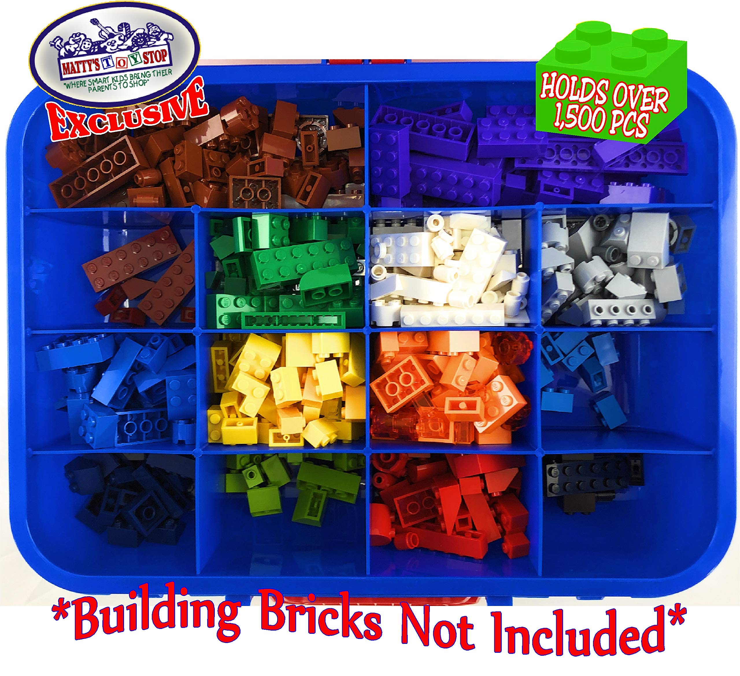 Matty's Toy Stop Brik-Kase 2-GO 13" Travel, Building, Storage & Organizer Container Case with Building Plate Lid (Holds Approx 1,500pcs) - Compatible With All Major Brands (Blue, Red & Gray)