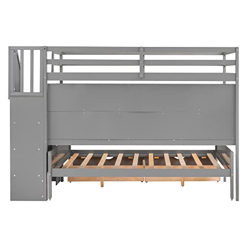 Polibi Twin XL Over Full Bunk Bed with Built-in Storage Shelves, Drawers and Staircase, Solid Wood Bunk Bed Frame with Full Length Guardrail, Grey