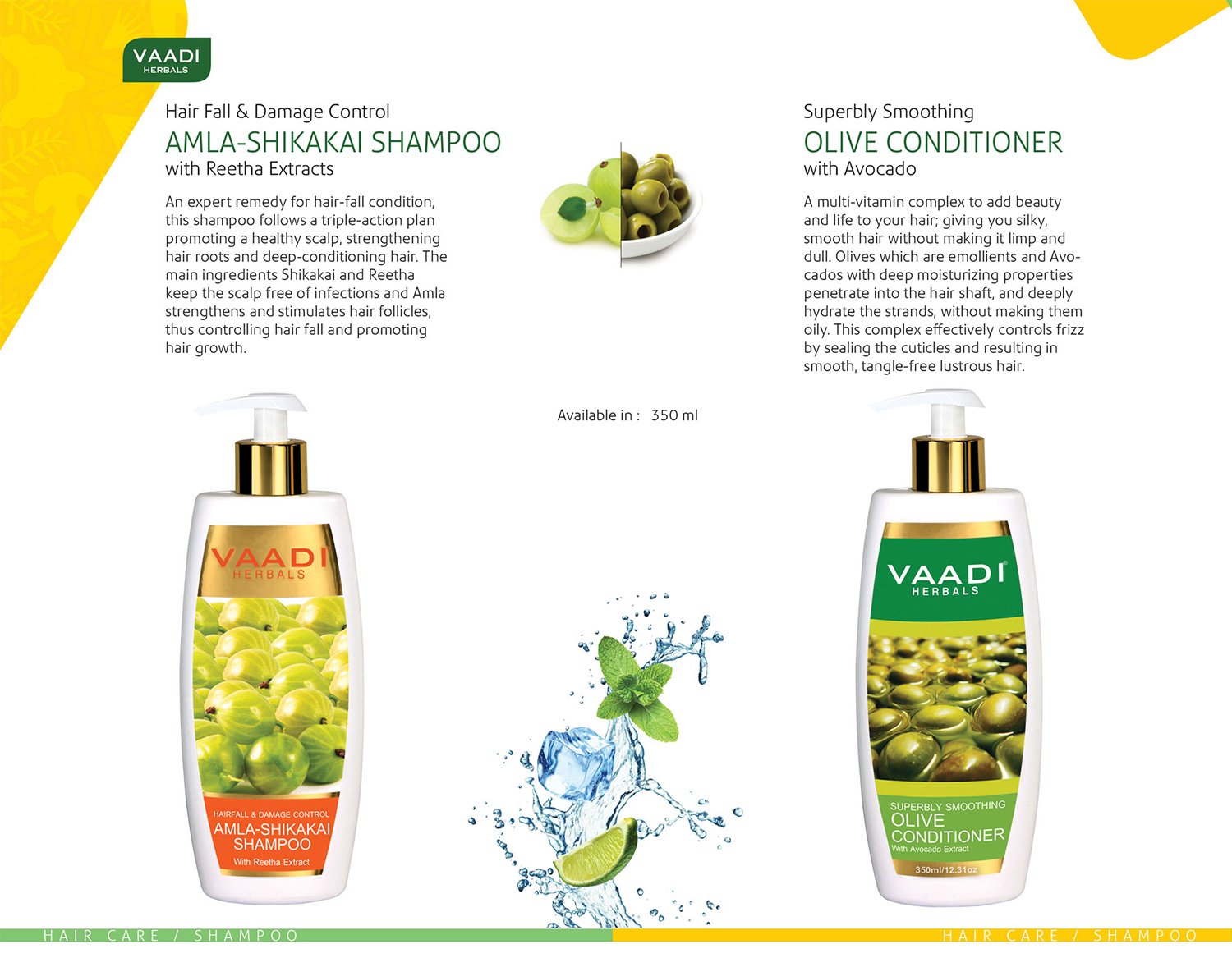Vaadi Herbals Amla With Shikakai & Reetha Shampoo And Olive Conditioner - Hair Fall & Damage Control Shampoo - - Each Pack Of 350Ml - Each 12.31 Oz -