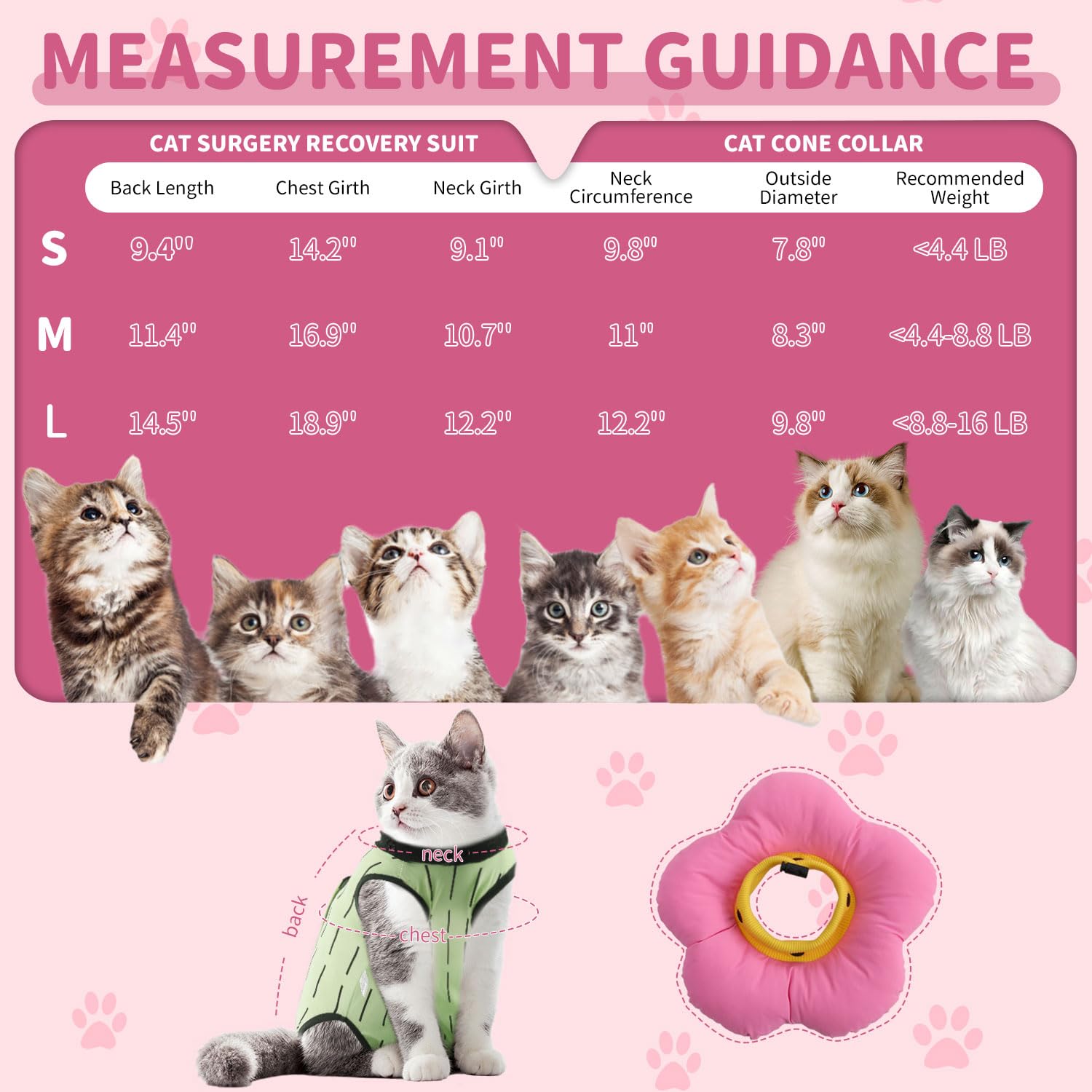 EMUST 2PCS Cat Recovery Suit and Cat Cone Collar Female, Cute Cat Surgical Suit for Abdominal Wounds or Skin Diseases, Adjustable Flower Neck Cat Cone Collar Soft for Cats 4-8lb(Green, M)