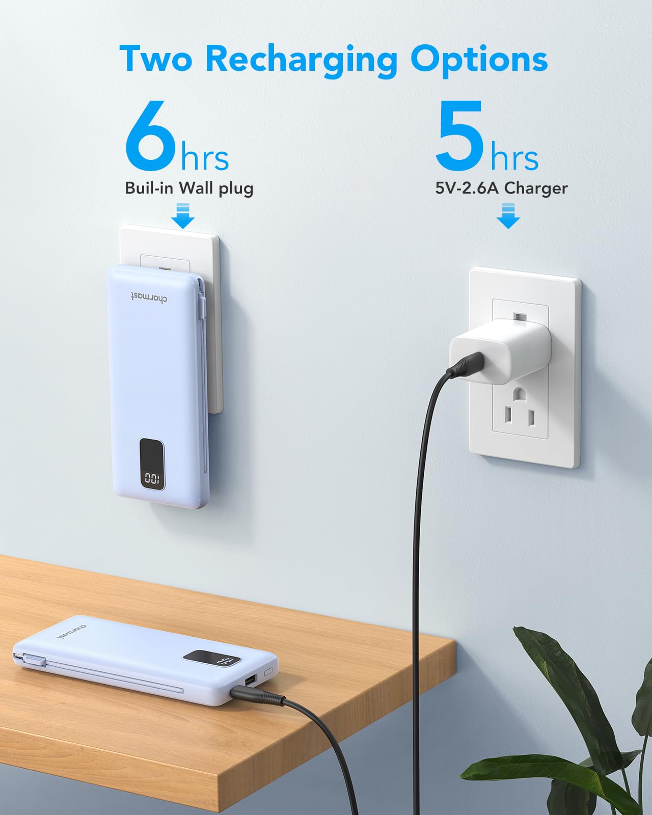 Charmast Portable Charger with Built-in Cables and AC Wall Plug, 10000mAh Ultra Slim Power Bank, External Battery Pack, Travel Accessories Compatible with iPhone 14/13, Samsung Galaxy, etc