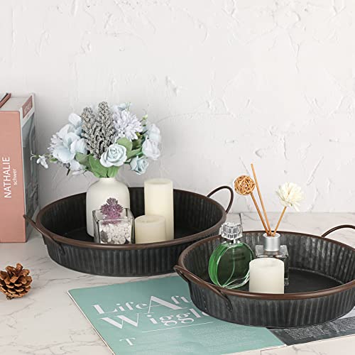 Hipiwe Galvanized Metal Iron Tray with Handles Farmhouse Rustic Decorative Tray Industrial Style Serving Tray Round Galvanized Tray for Coffee Table, Home Decor (Set of 2)