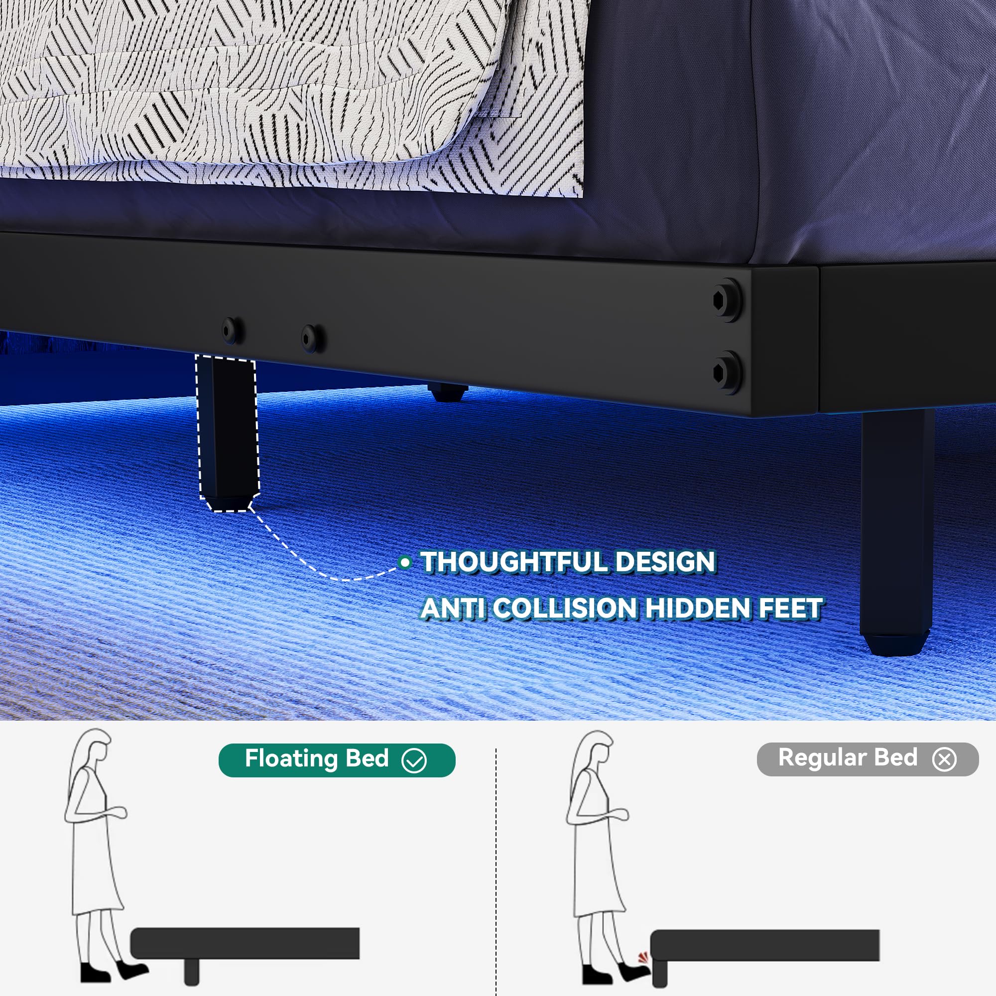 DWVO King Size Floating Bed Frame with Charging & LED Lights, King Metal Platform Bed with Sturdy Steel Slats, No Requirement for Box Spring, Simple Assembly, Black