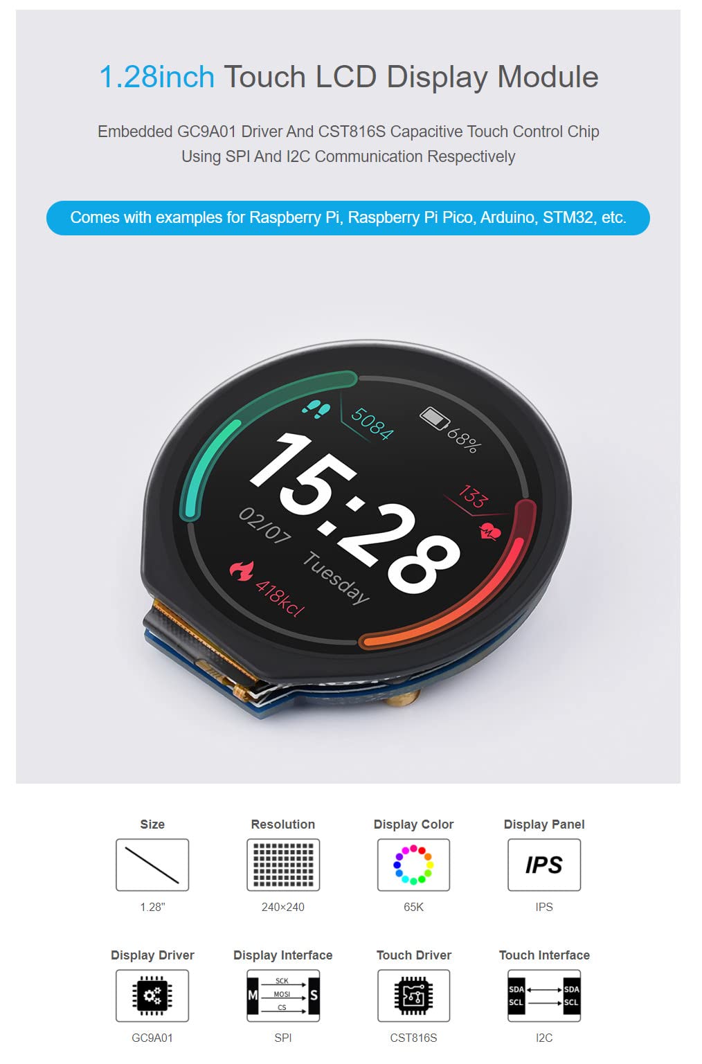 Coolwell 1.28inch Round LCD with Touch Panel for Raspberry Pi 4B+ 4B 3B+ 3B 2B+ Zero W WH 2 W Pico 240×240 IPS Display Module SPI and I2C Embedded GC9A01 Driver