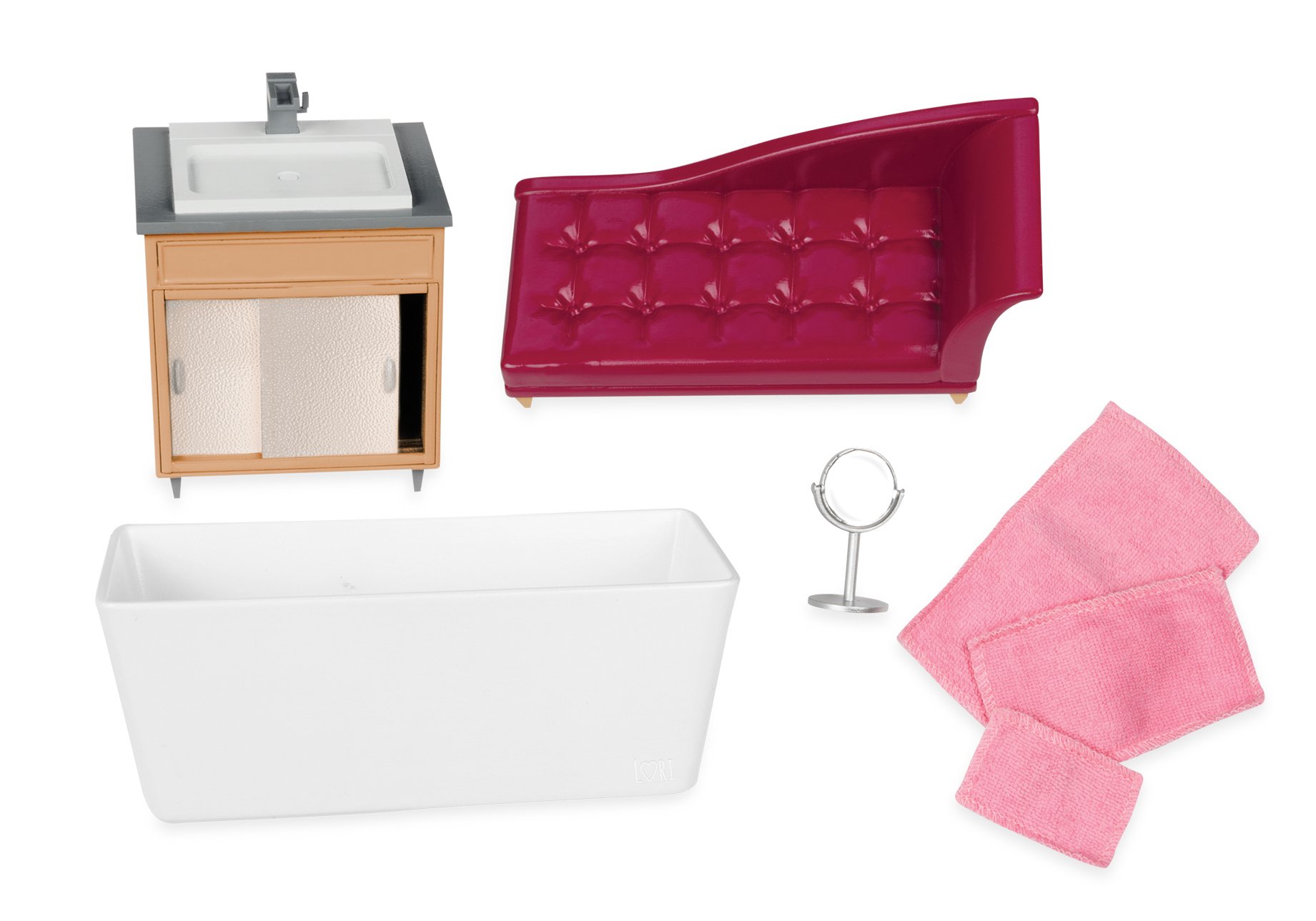 Lori Dolls – Luxury Bathroom Set – Bathroom Playset for Mini Dolls – Dollhouse Furniture for 6-inch Dolls – Bathtub, Vanity, Lounge Chair – Toys for Kids – 3 Years +