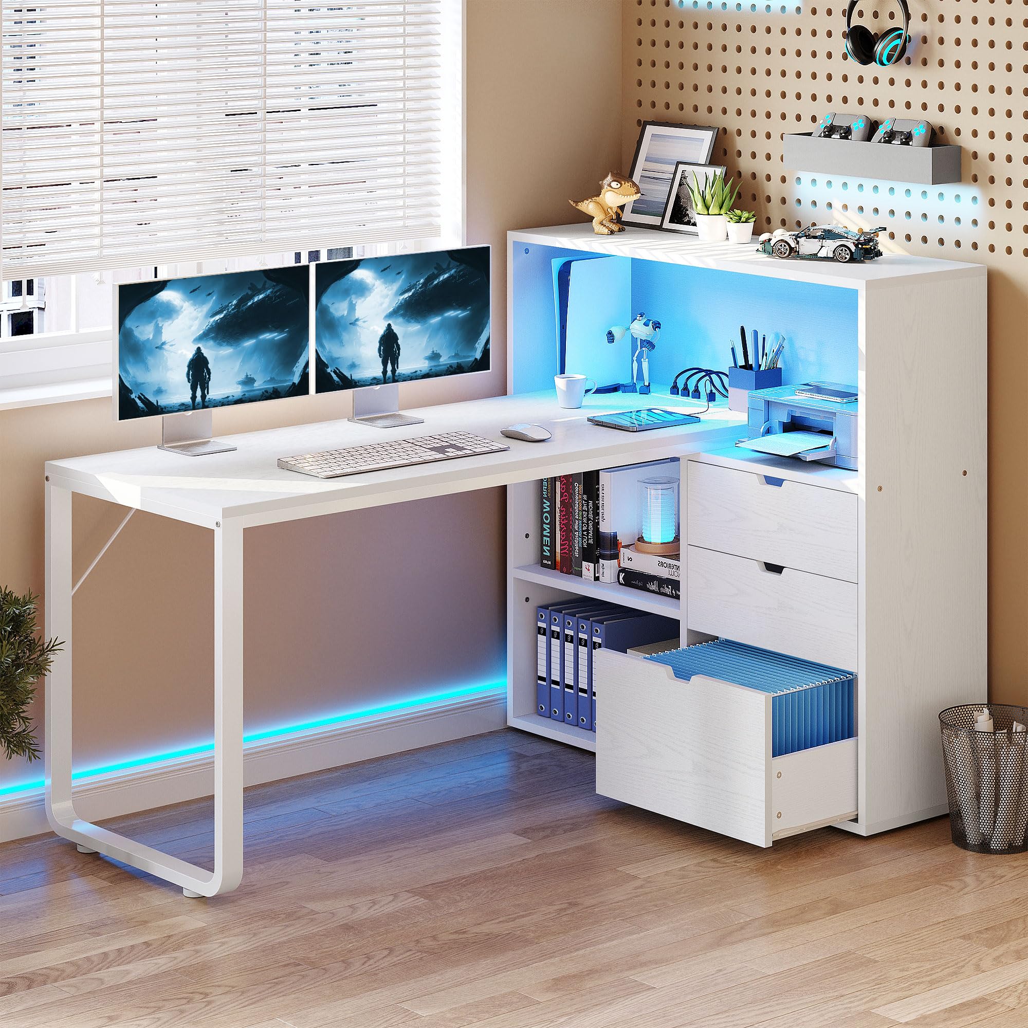 DWVO L Shaped Desk with Drawers, 55" Corner Computer Desk with Bookshelf & Power Outlets & LED Lights, Home Office Desk with Storage Shelves, Black