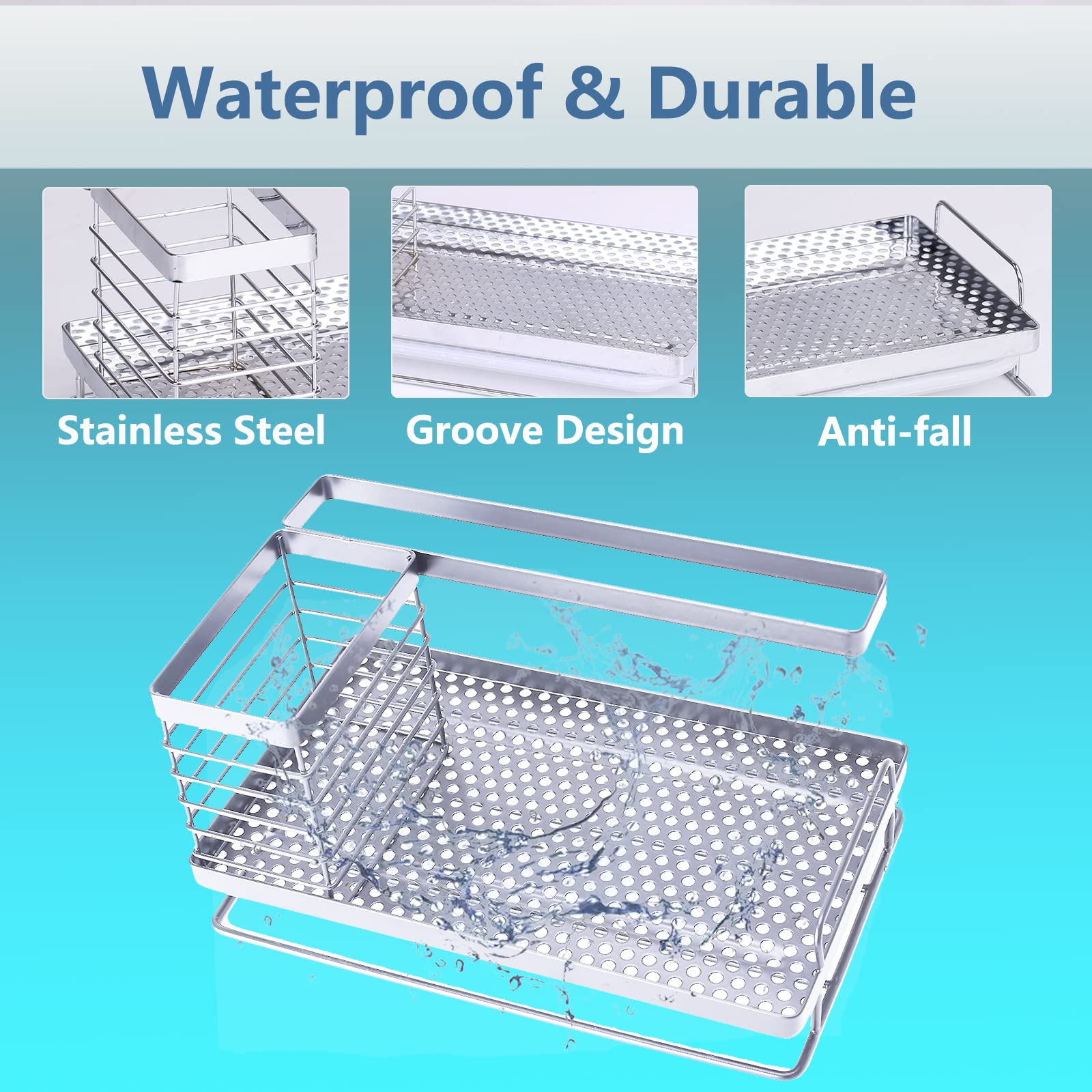 Cenekphy Kitchen Sink Caddy Organizer Rack Shelf Sponge Holder with Removable Drain Tray, Stainless Steel Rustproof Soap Dish Scrub Scrubber Brush Dispenser, Countertop Storage with 4 Sponges, Silver