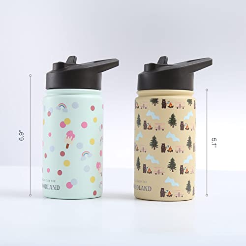 Kids Thermal Bottle with Straw Lid and Loop Cap, 12oz Premium Stainless Steel Water Bottle, Easy to Drink for Toddlers, Keeps Drinks Fresh for 12 Hours (Camping Bear)