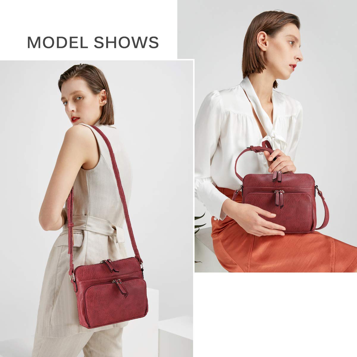 OB OURBAG Solid Multi-pockets Casual PU Leather Crossbody Shoulder Bags for Women (Red)