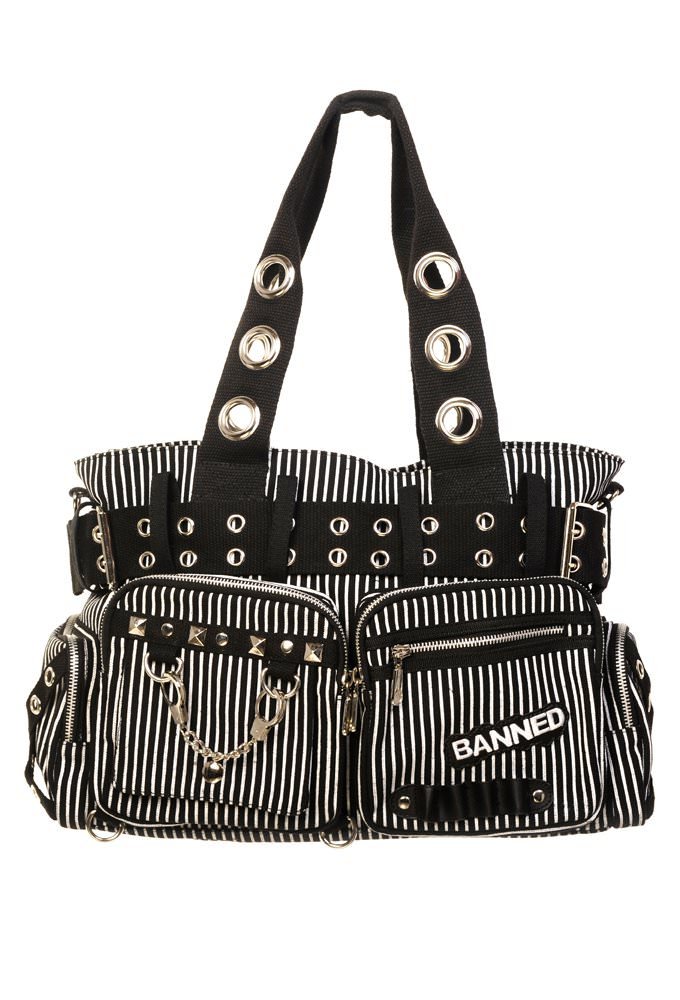 Lost Queen Striped Punk Rock Steampunk Purse with Handcuff Skull Charm (White), Medium
