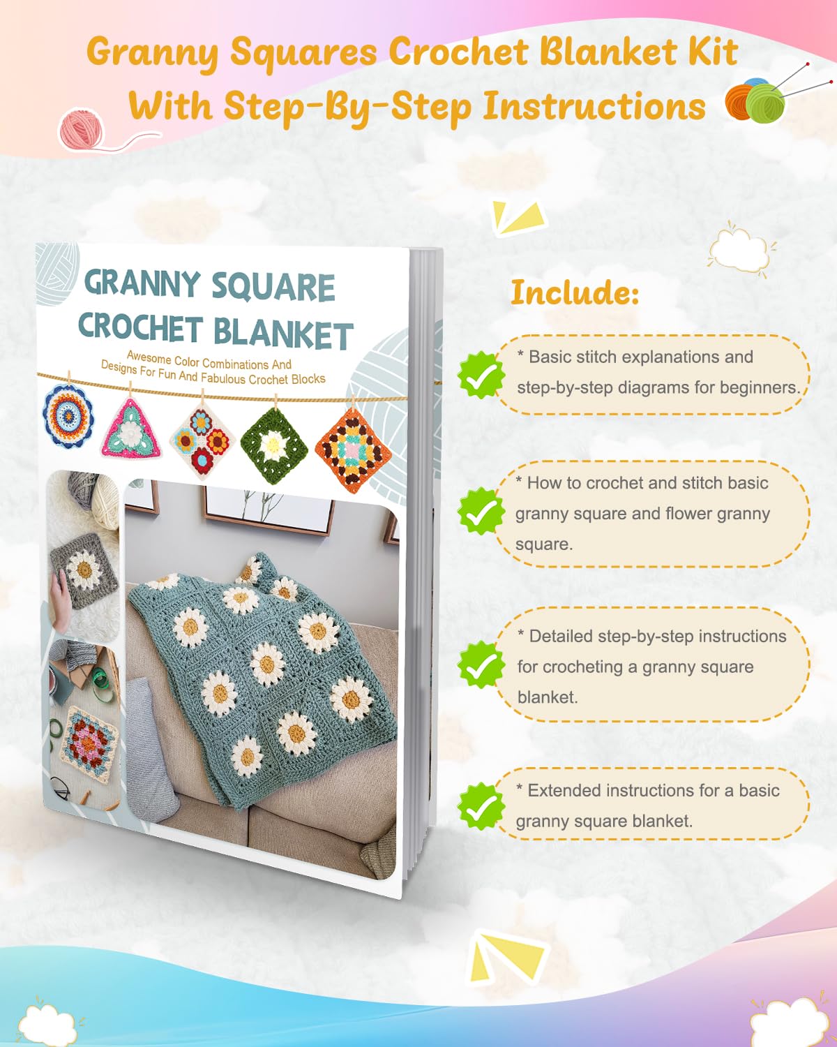 Coopay Crochet Kit Beginners for Blanket, Granny Squares Crochet Blanket Kit with Instructions & Enough Yarn, Complete Crochet Starter Kit Easy Learn to Crochet Blanket Kit for Beginners Adults
