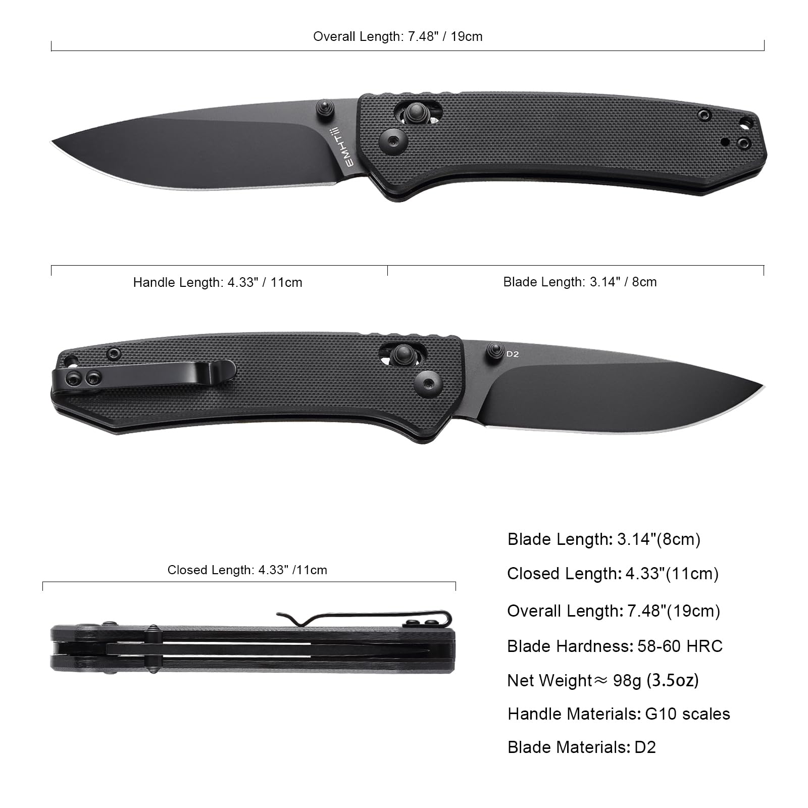 EMHTiii Pocket Knife Folding Knives: 3.14" Stainless Steel Black Blade, G10 Scales