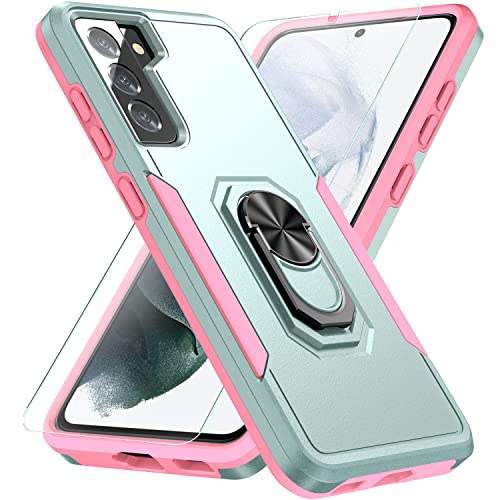 KSELF Galaxy S21 5G Case: Military-Grade Shockproof, Tempered Glass Protector, Ring Kickstand (Green & Pink)