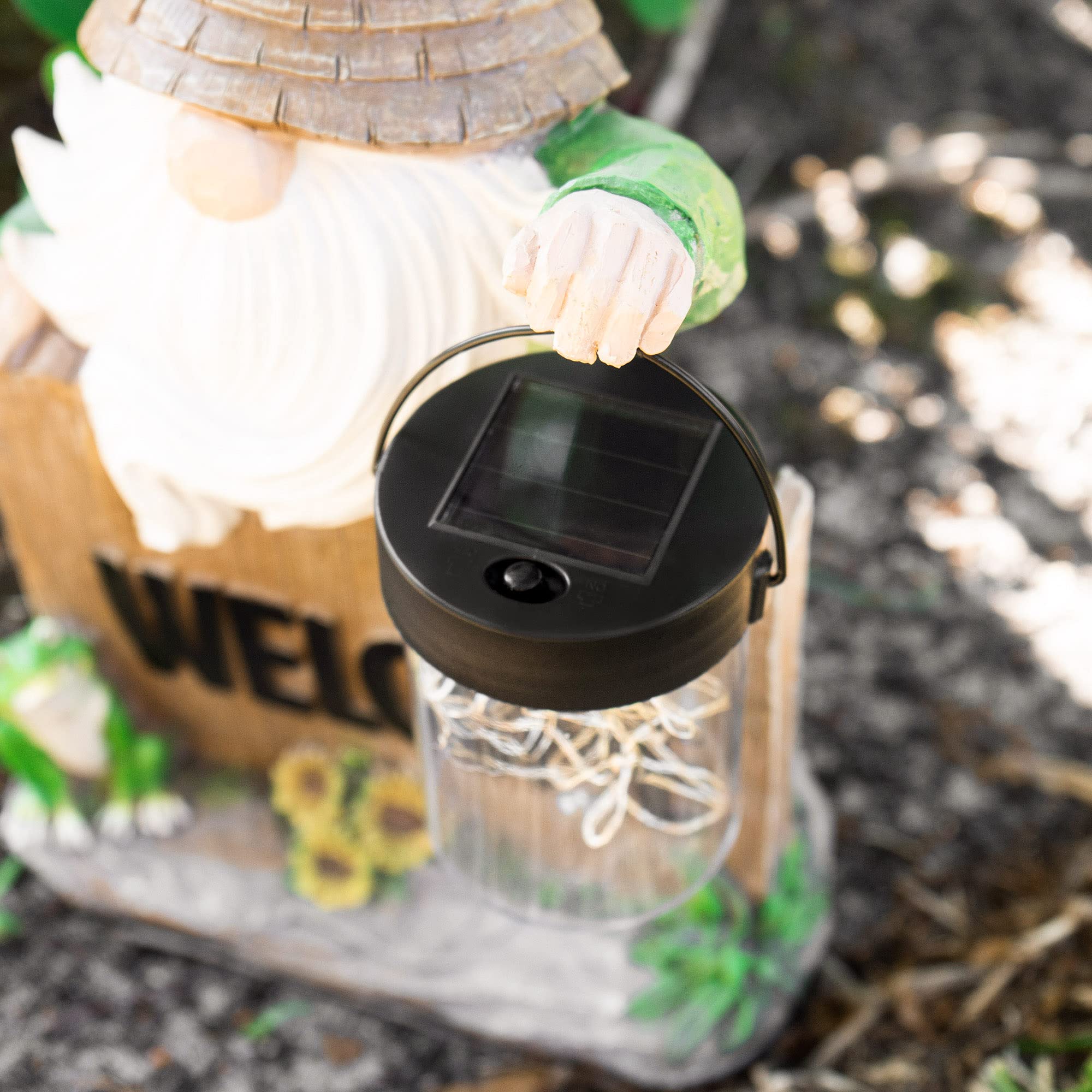 VP Home Welcome Gnome with Lantern and Frog Solar Powered LED Outdoor Decor Garden Light Welcome Gnomes Statues Outdoor Funny Figurine Decor for Outside Patio, Yard, Lawn