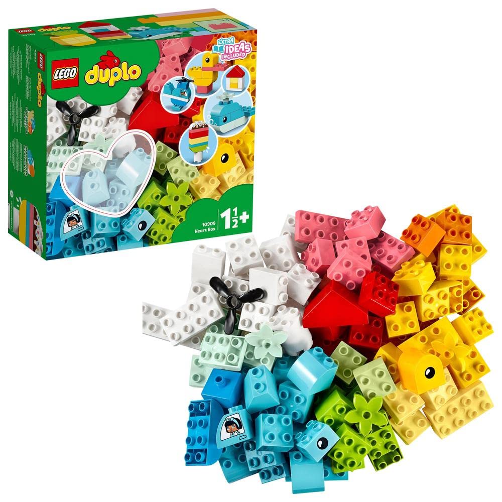 LEGO 10909 DUPLO Classic Heart Box, First Bricks Building Toy with Helicopter, Boat, Animal Toys and More, Gifts for Toddlers and Kids 1.5 Years Old