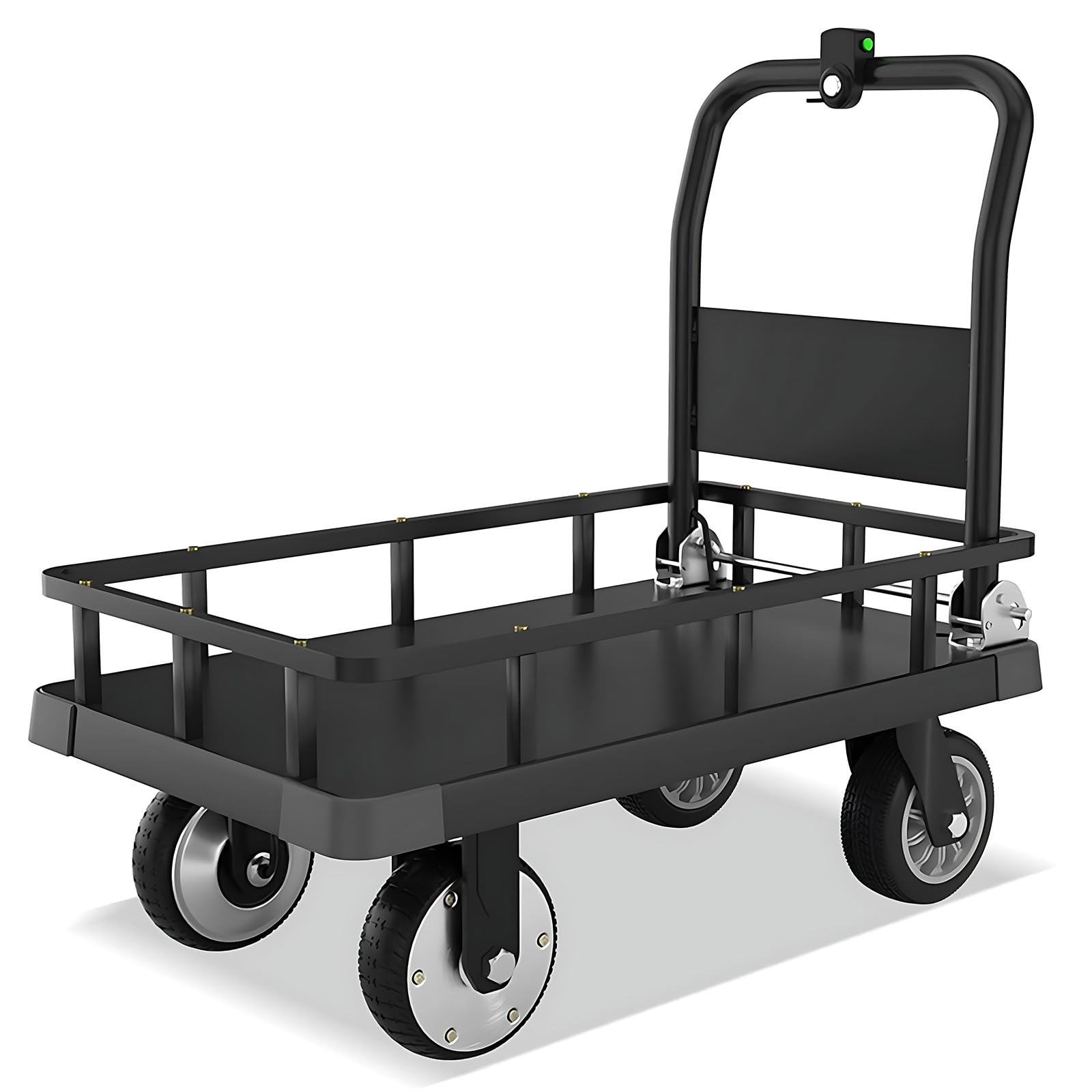 Electric Push Cart Dolly, Moving Platform Hand Truck, 1322 lb Weight Capacity, 20KM Range, Foldable, 360 Degree Swivel Wheels, Black (with Fence, 35.4 * 23.6inch)