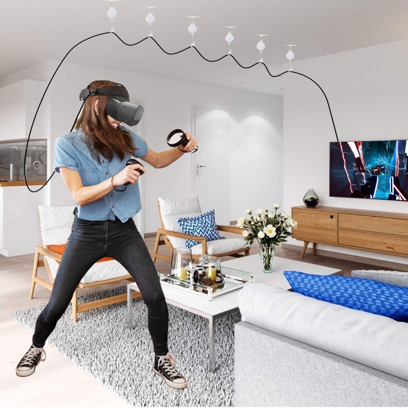BEJOY 2021 VR Cable Accessories Cable Management, Ceiling Pulley System Link Cable for Oculus Quest/Quest 2/Oculus Rift/HTC Vive/Microsoft MR/Playstation/Lenovo Explorer Accessories (White)