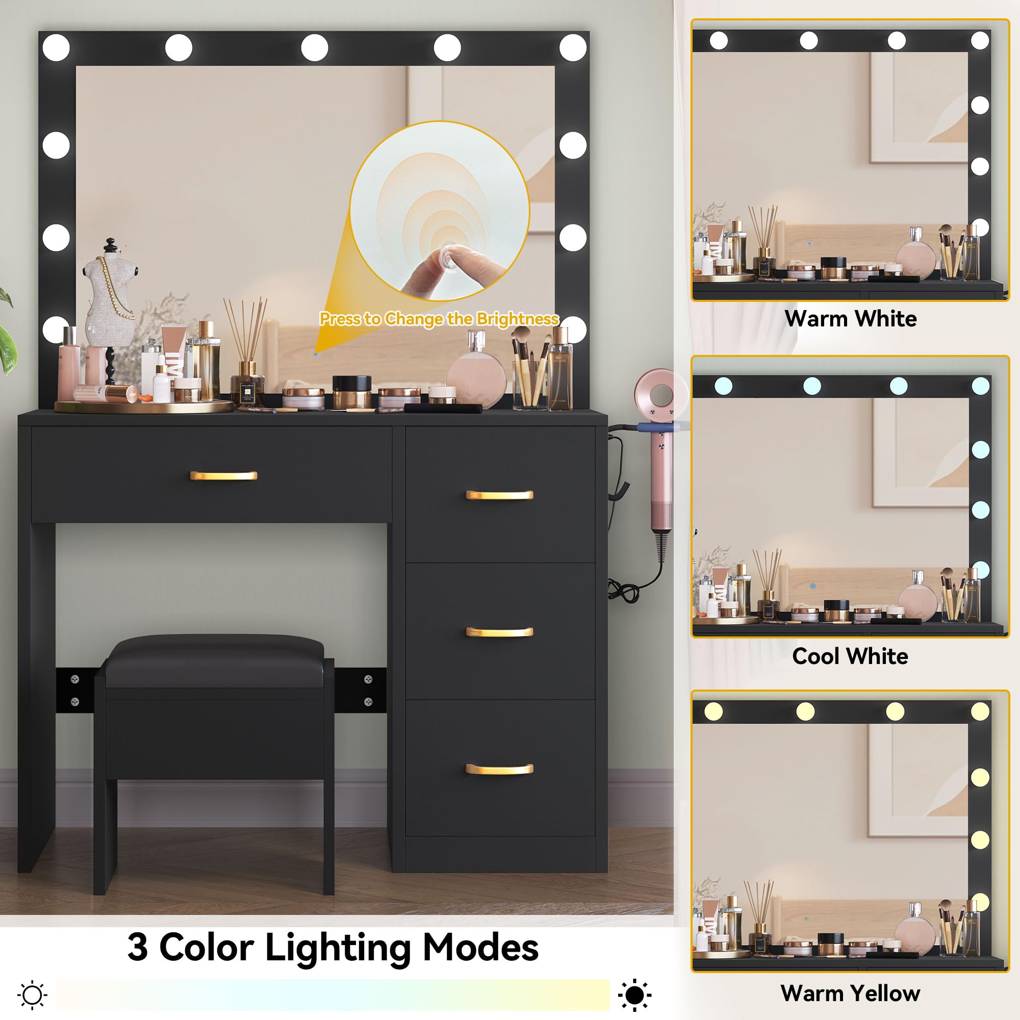 DWVO Makeup Vanity with Power Strip, Adjustable Lighting, and 4 Drawers, Vanity Table with Cushioned Stool for Bedroom, Dressing Room