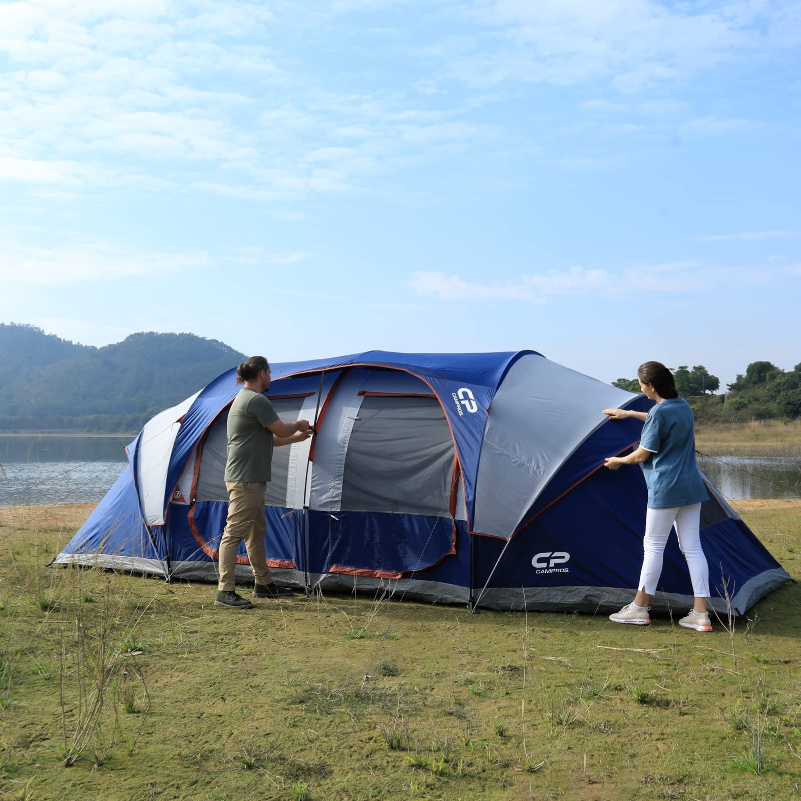 CAMPROS Tent-9-Person-Camping-Tents, Waterproof Windproof Family Tent with Top Rainfly, 3 Large Mesh Windows, Double Layer, Easy Set Up, Portable with Carry Bag, for All Seasons - Blue