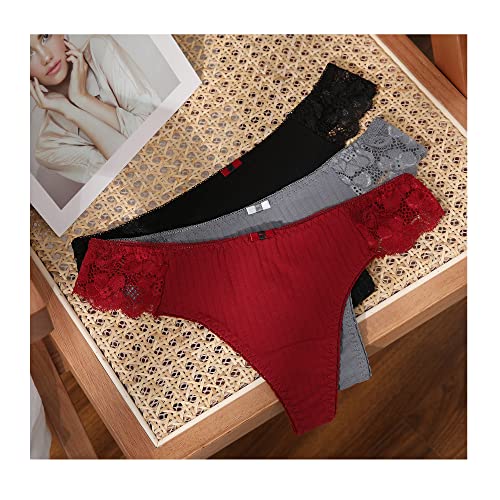 LEVAO Cotton Thongs for Women, Sexy Lace Trim G String Panties Soft Underwear Pack of 3,M