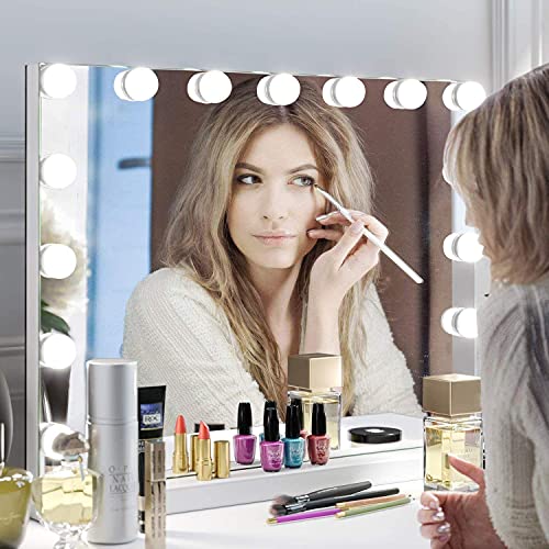 Filytop 22.8"x 18.1" Makeup Mirror with Lights,10X Large Hollywood Lighted Vanity Mirror with 15 Dimmable LED Bulbs,3 Color Modes,Touch Control,Tabletop or Wall-Mounted, White