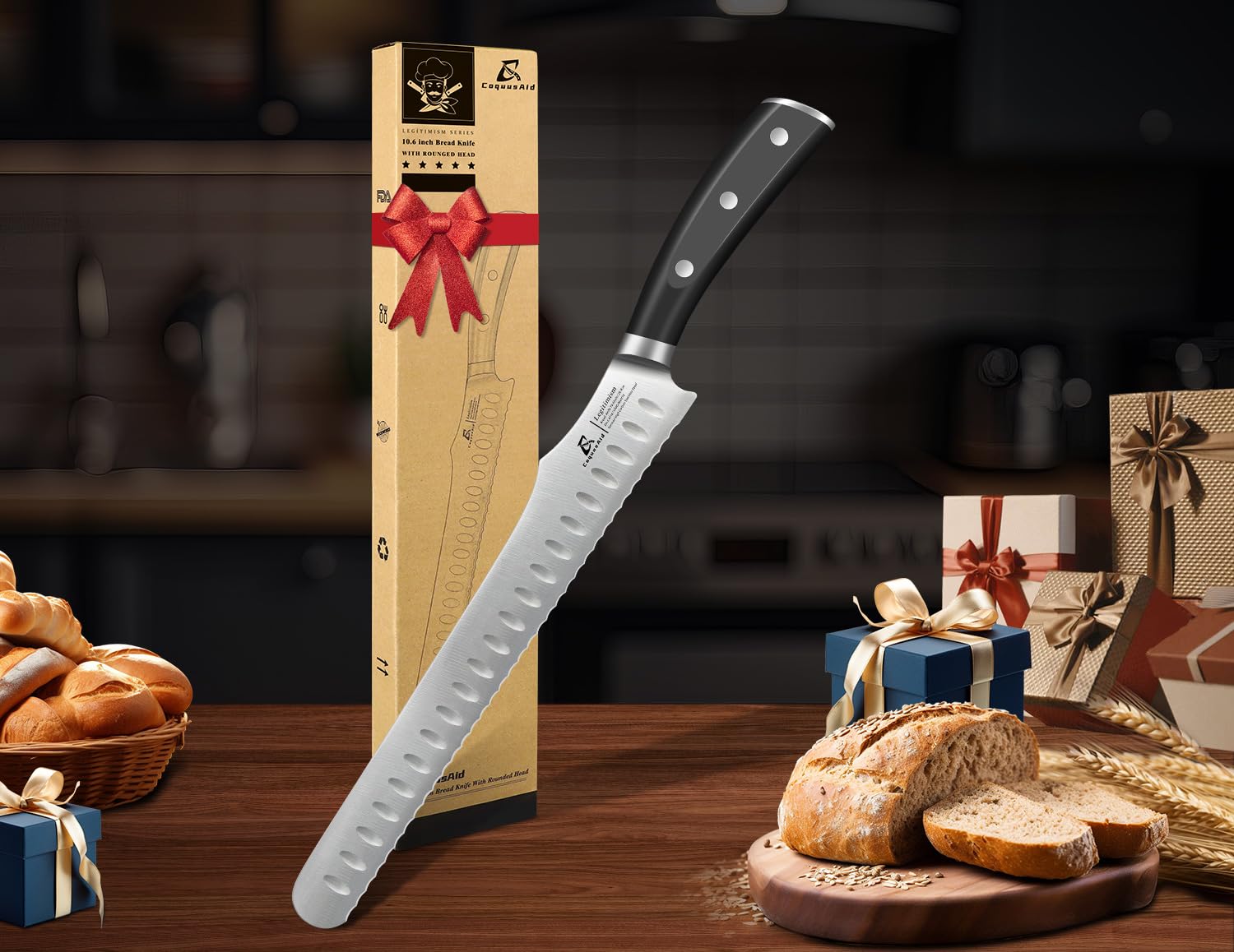 CoquusAid Bread Knife for Homemade Bread, 10.6 Inch Multifunction Serrated Knife, Razor Sharp Slicer, Forged High Carbon German Steel, Full Tang Ergonomic Handle Design for Sourdough Turkey Fruit