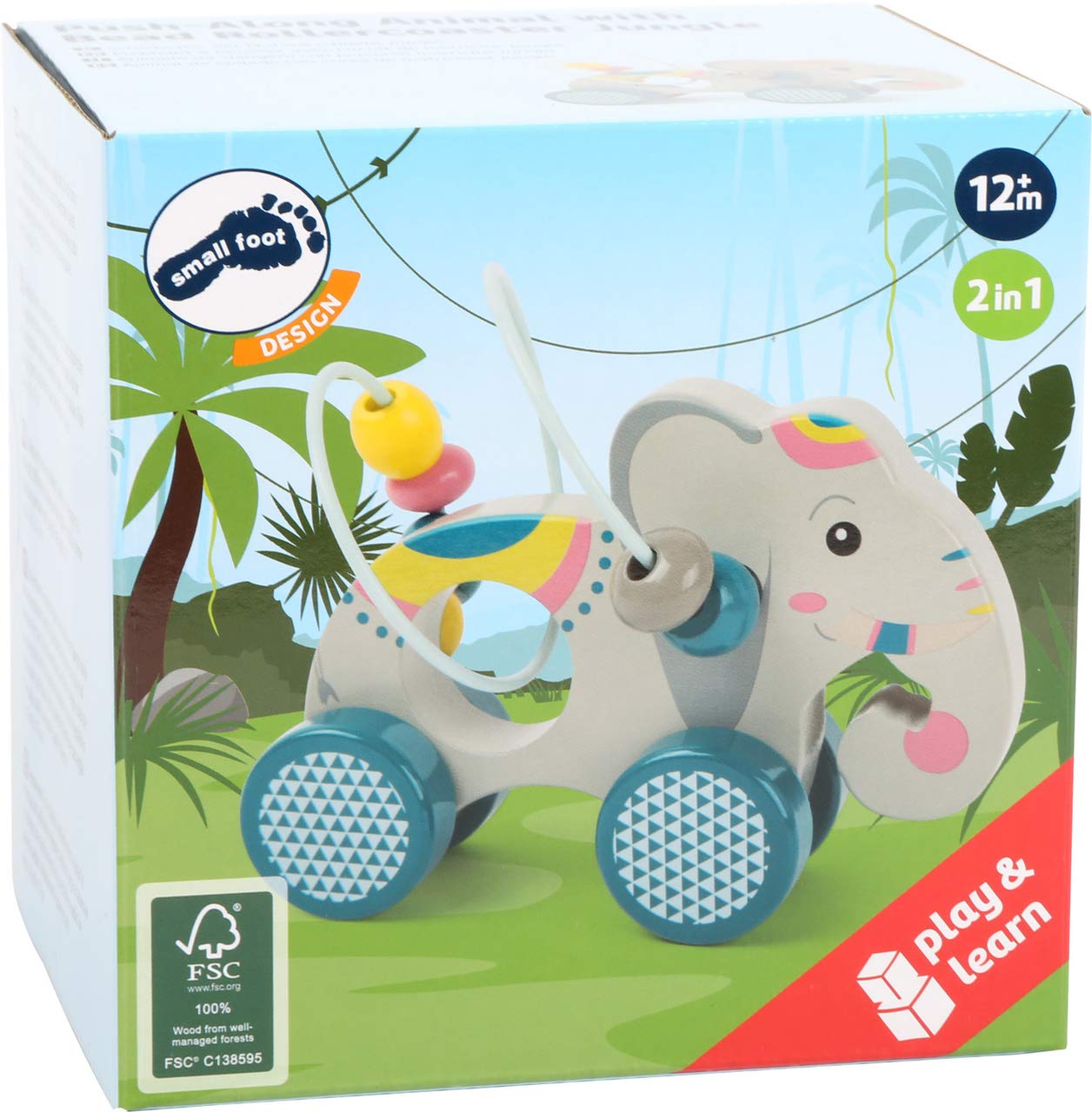 Small Foot Wooden Toys Push-Along Elephant with an Activity Loop & Beads Designed For Children 12+ Months