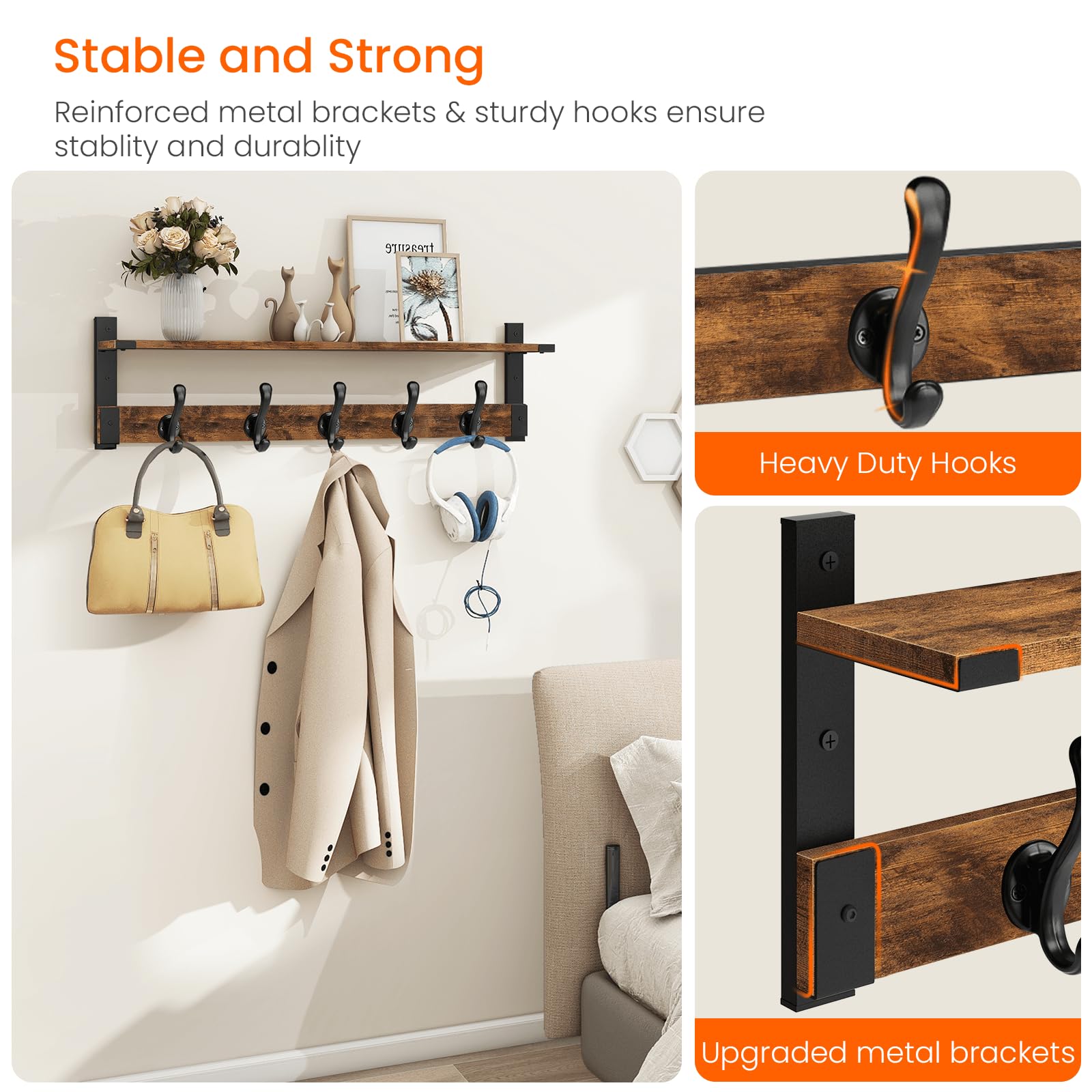 Homode Coat Rack Wall Mount, 29 Inch Long Shelf with Hooks, Wood Entryway Shelf with 5 Hangers for Hanging Hat Jacket Backpack Purse, Rustic Brown Black