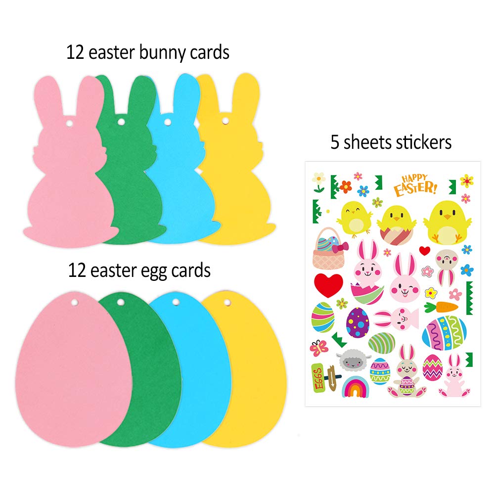 WaaHome Easter Arts and Crafts Kits with 24 Egg and Bunny Cards, Easter Egg Bunny Basket Flowers Stickers Crafts for Kids School Classroom Game Party Favors
