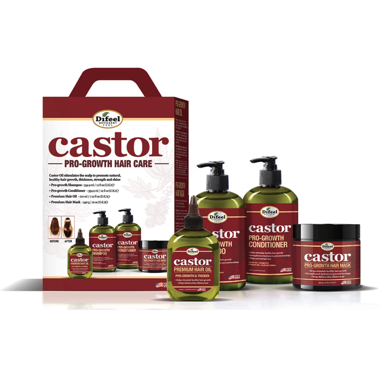Difeel Castor Pro-Growth Hair Care Gift Set - 4-PC Shampoo, Conditioner, Hair Mask, and Hair Oil