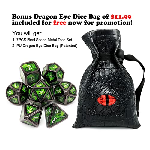 Haxtec Metal Dice Set D&D Acid Splash Real Scene Black Green Polyhedral DND Dice W/PU Leather Dragon Eye Dice Bag for TTRPG Dungeons and Dragons Gifts