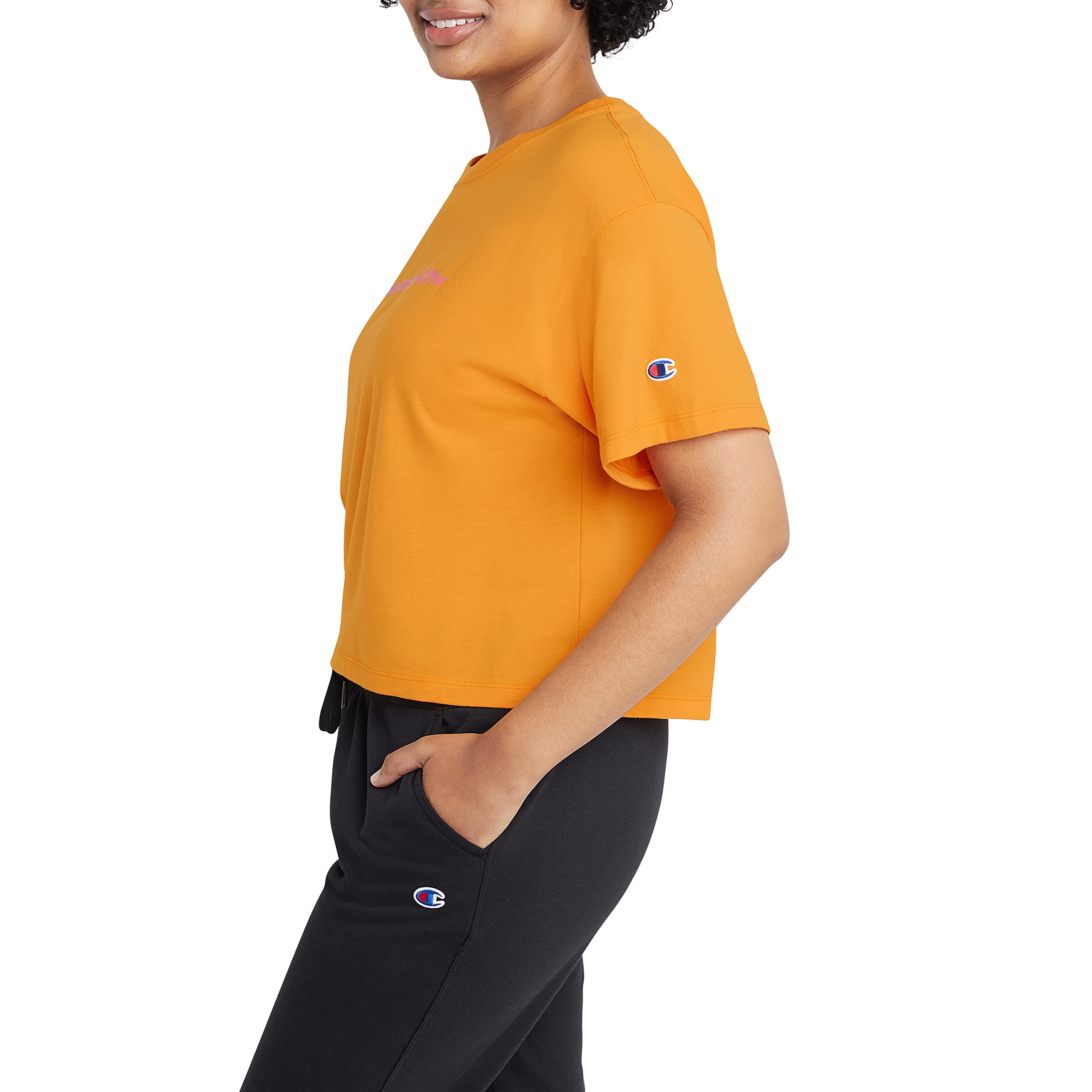 Champion Women's The Cropped Tee, White/Fantastic Fuchsia, Large