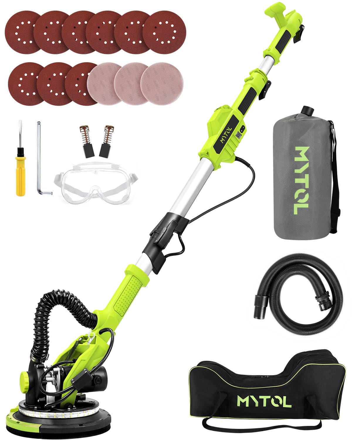 Drywall Sander, MYTOL 7.2A Electric Wall Sander with Vacuum Dust Collection, 6 Adjustable Speeds 900-1800RPM, LED Light, Extendable Handle, Foldable Electric Drywall Sanders 12Pcs Sanding discs-H21K3