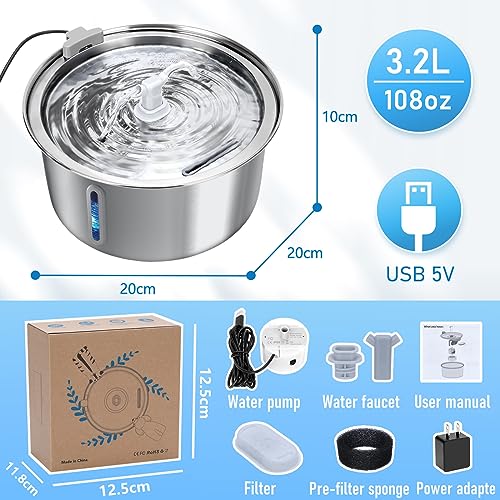 Ofat Home Stainless Steel Cat Water Fountain 3.2L/108oz Automatic Pet Water Fountain with Water Level Window, Quiet Pump Dishwasher Safe