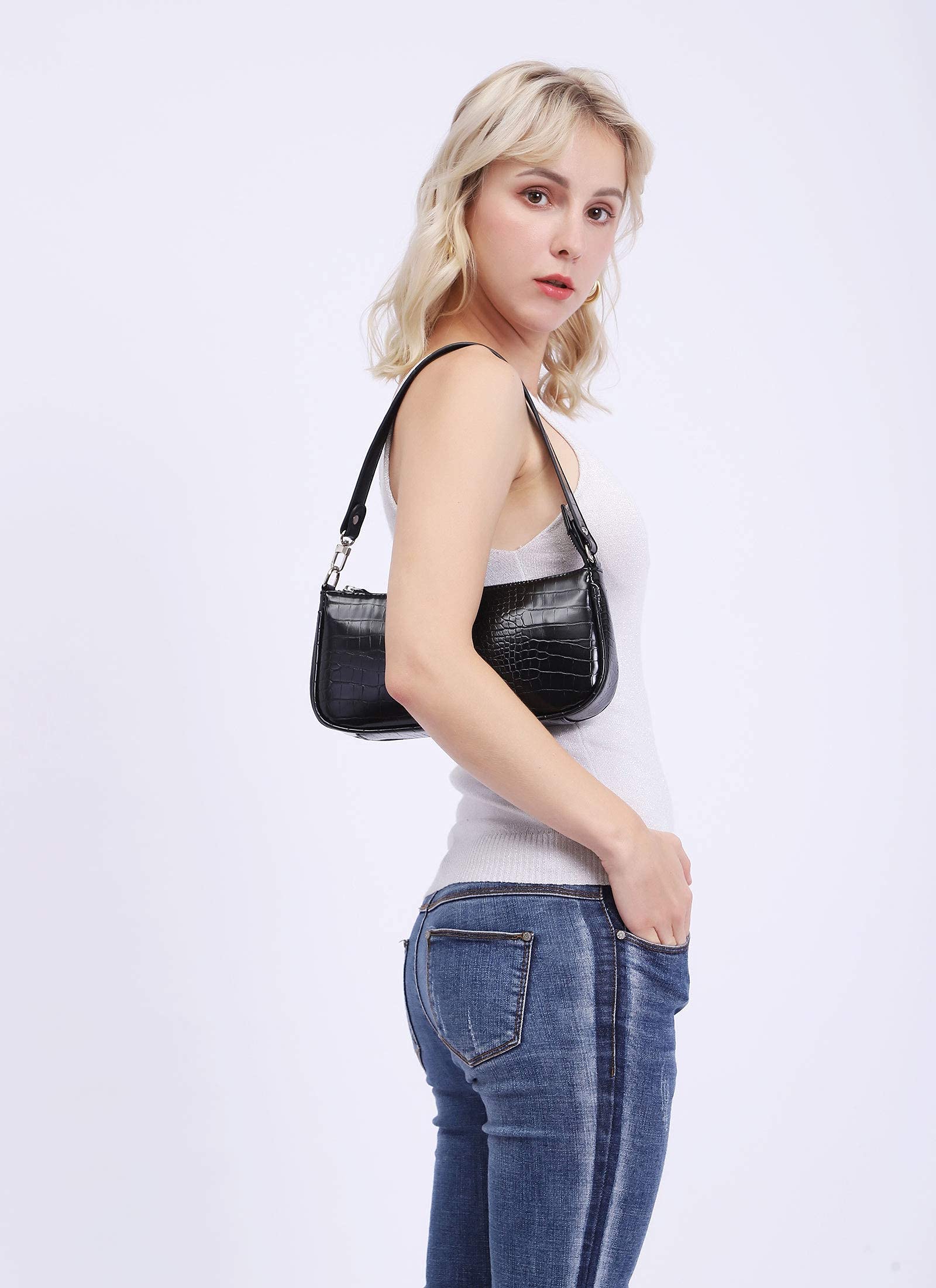 Small Shoulder Bags for Women Mini Handbags with Croc Pattern (Black with Leather Strap)