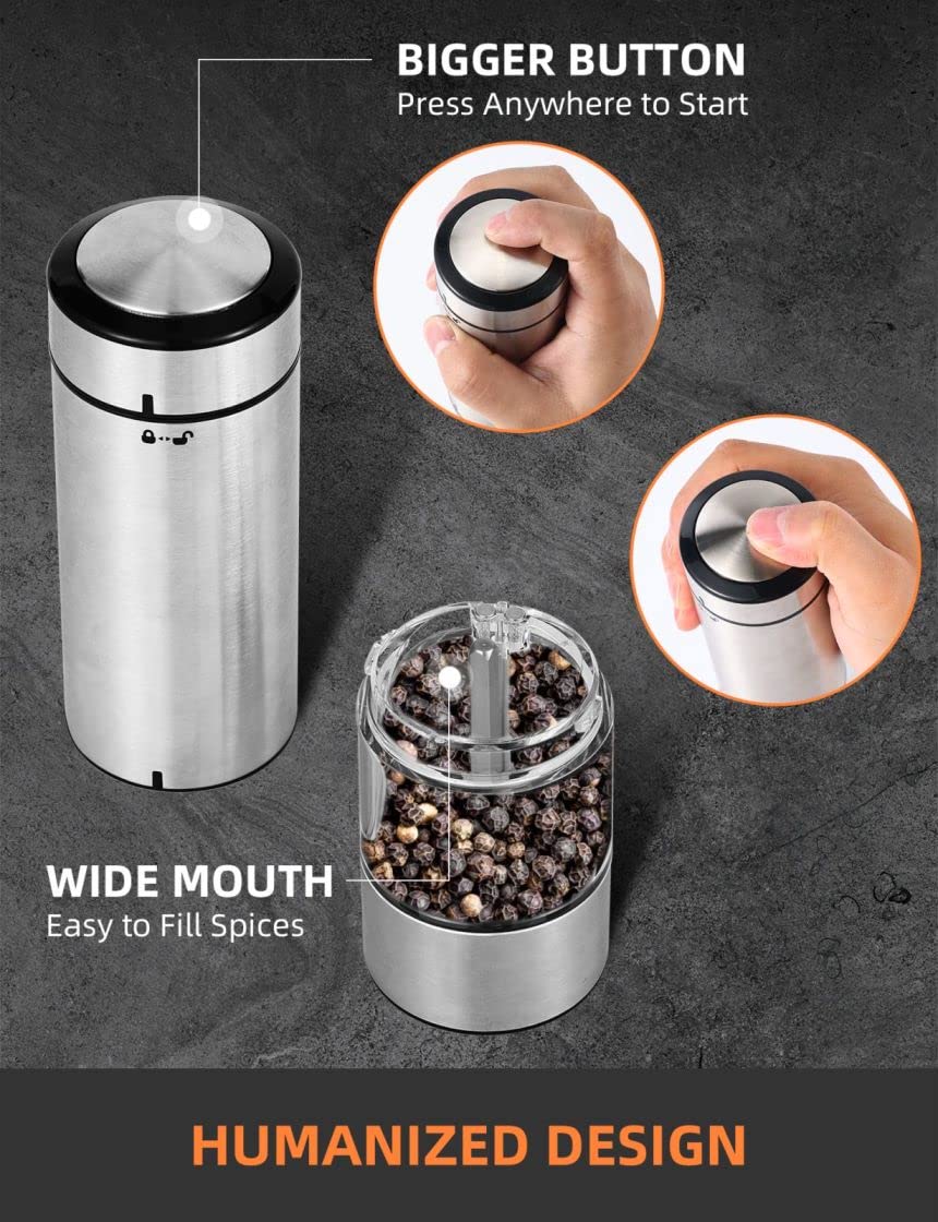 Electric Salt and Pepper Grinder Set Battery Operated, Automatic Refillable Stainless Steel Salt Grinder, 70ml Pepper Container, One Hand Operation, LED Light, Adjustable Coarseness, 2 Pack