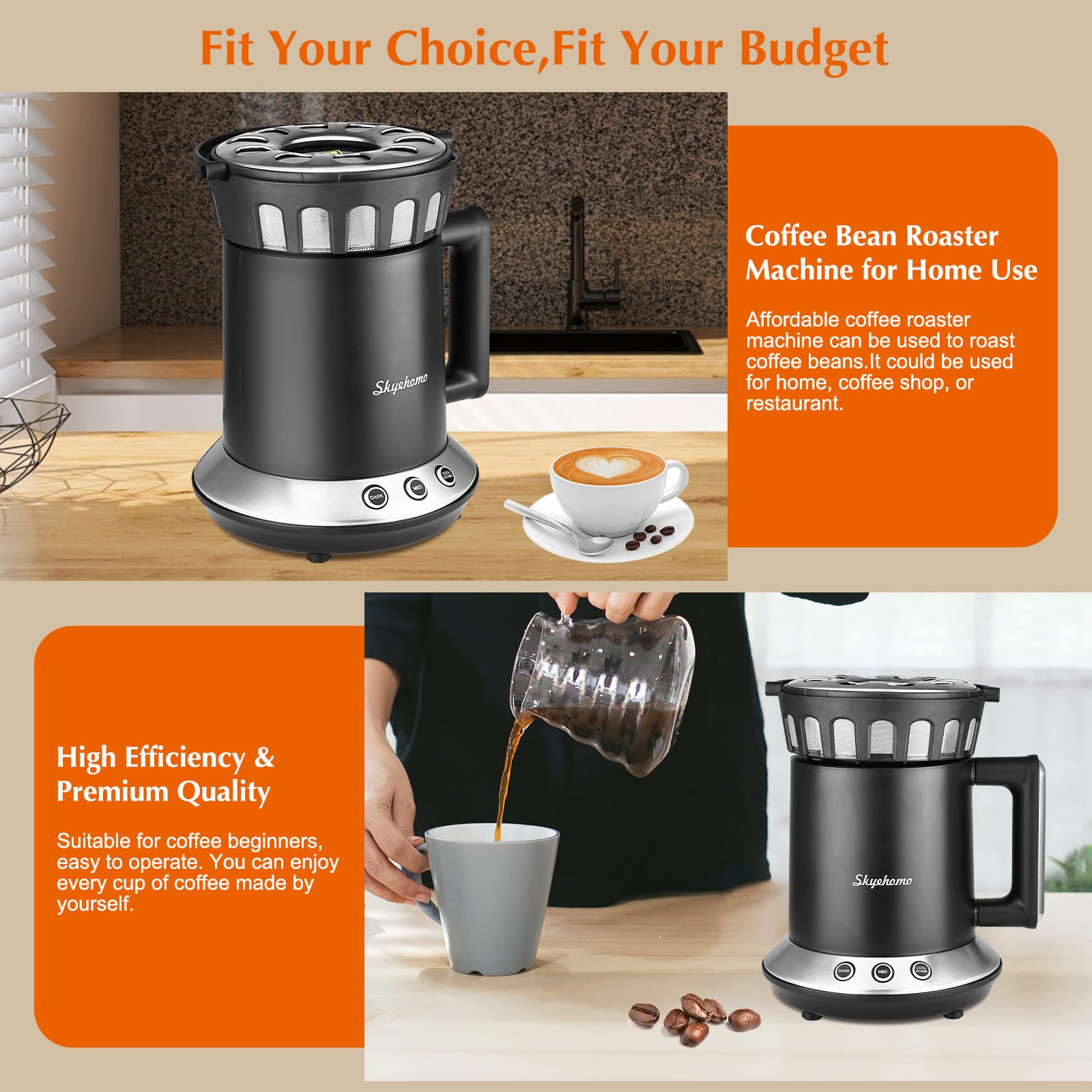 HOMOKUS Coffee Roaster,Coffee Roaster Machine for Home Use,Two Baking Modes Optional(Med and Dark),One-Touch Control Coffee Bean Baker Roaster with Cooling Mode