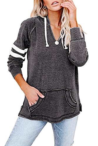 Fashare Womens V Neck Hoodies with Pockets Long Sleeve Striped Pullover Tops Sweatshirt Dark Gray