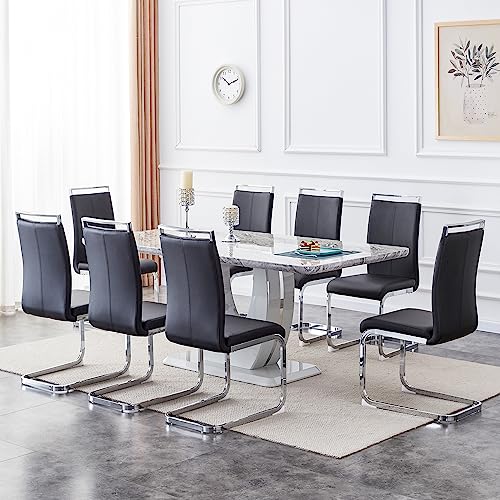 JUFU Faux Marble Dining Room Table Set for 8,Rectangula Kitchen Table Set with Faux Marble Tabletop&6 Pu Leather Upholstered Chairs Ideal for Dining Room, Kitchen (White, 71'')