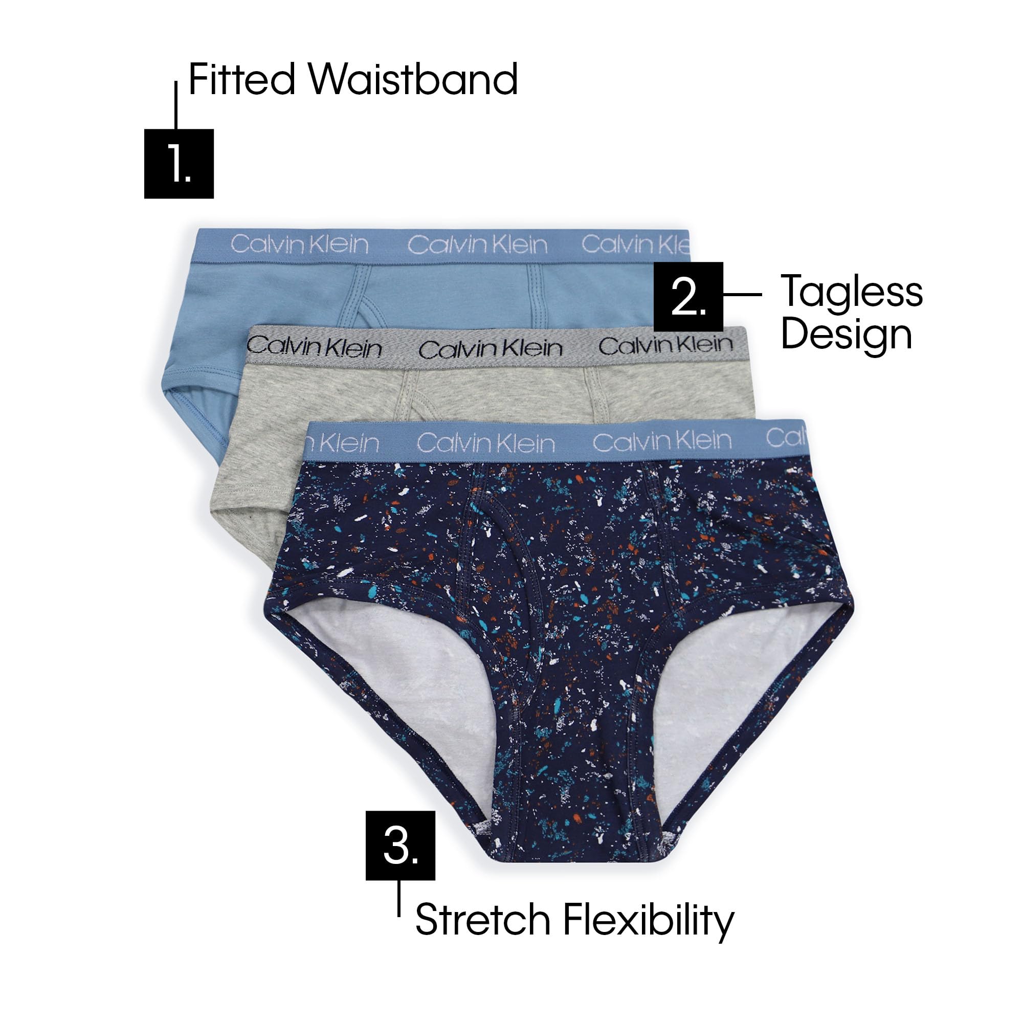 Calvin Klein Boys' Little Modern Cotton Assorted Briefs Underwear, 3 Pack, Black/Black/Black, X-Small
