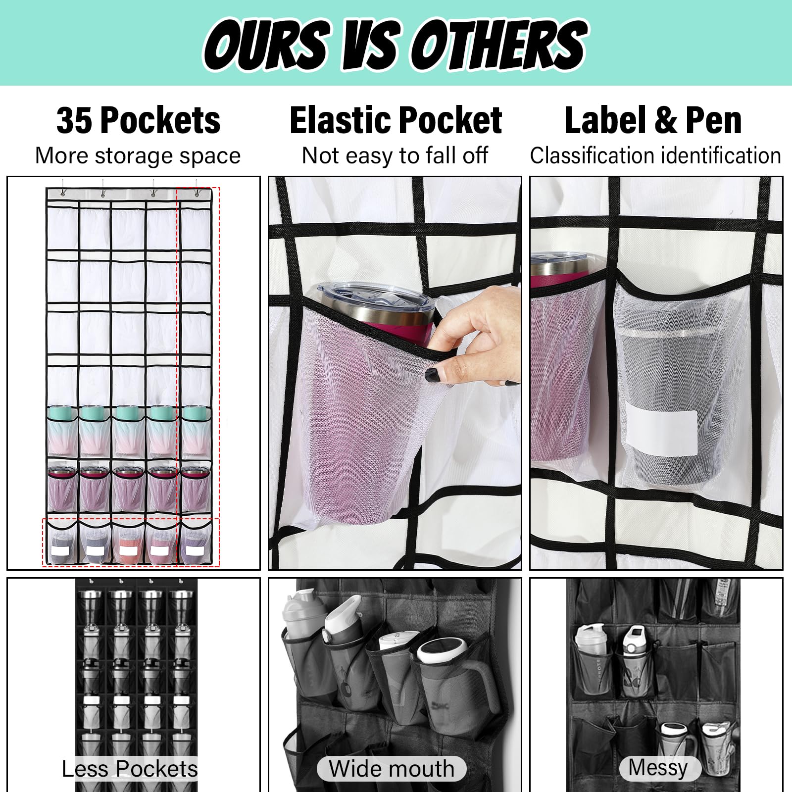 GliCraft 35 Pockets Over the Door Water Bottle Organizer Hanging Water Bottle Organizer with Elastic Strap Mesh Bag and Pen Water Bottle Holder for Door Closet Pantry Storage Rack(White)